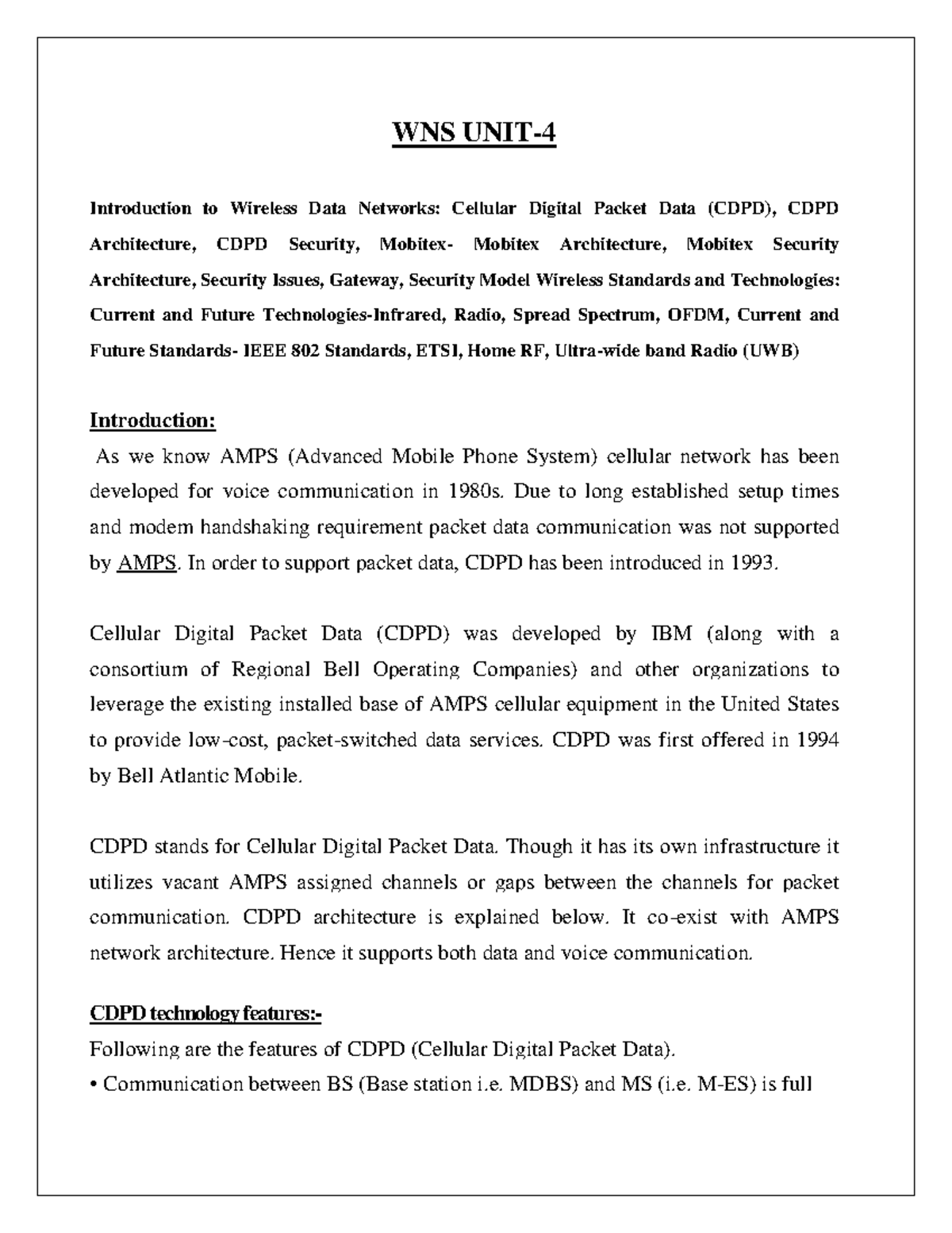 WNS UNIT-4 Notes - WNS UNIT- 4 Introduction to Wireless Data Networks ...