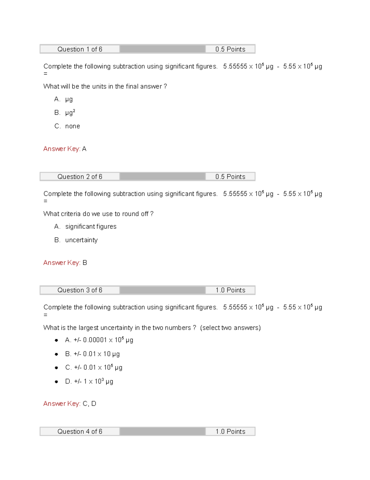Unit 1 Qz 7 (Chapter 2, Sig Figs subtraction) - Question 1 of 6 0 ...