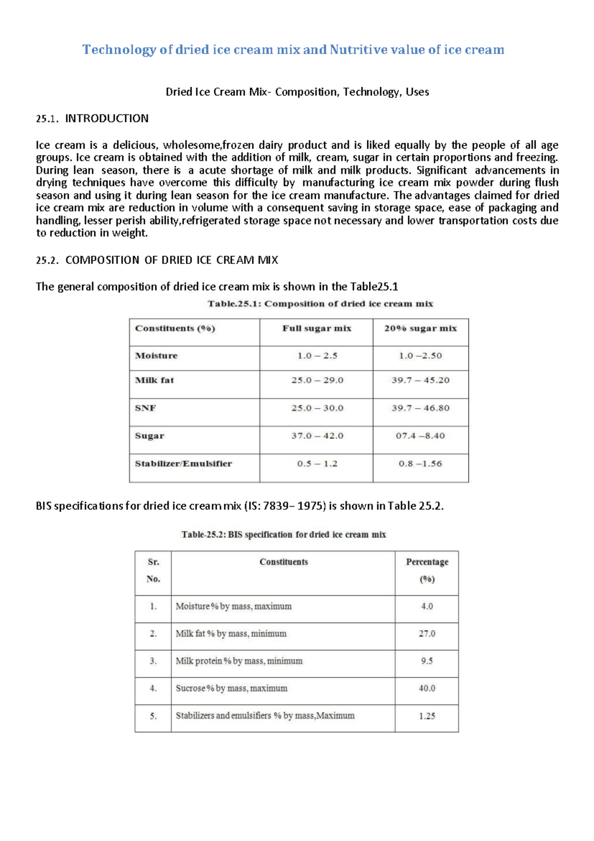 Technology of dried ice cream mix and Nutritive value of ice cream ...