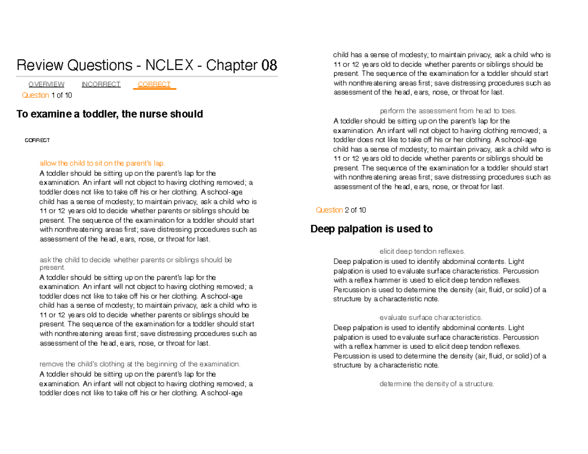 NUR 1060 CH 8 QUIZ - Question 1 of 10 Review Questions - NCLEX ...