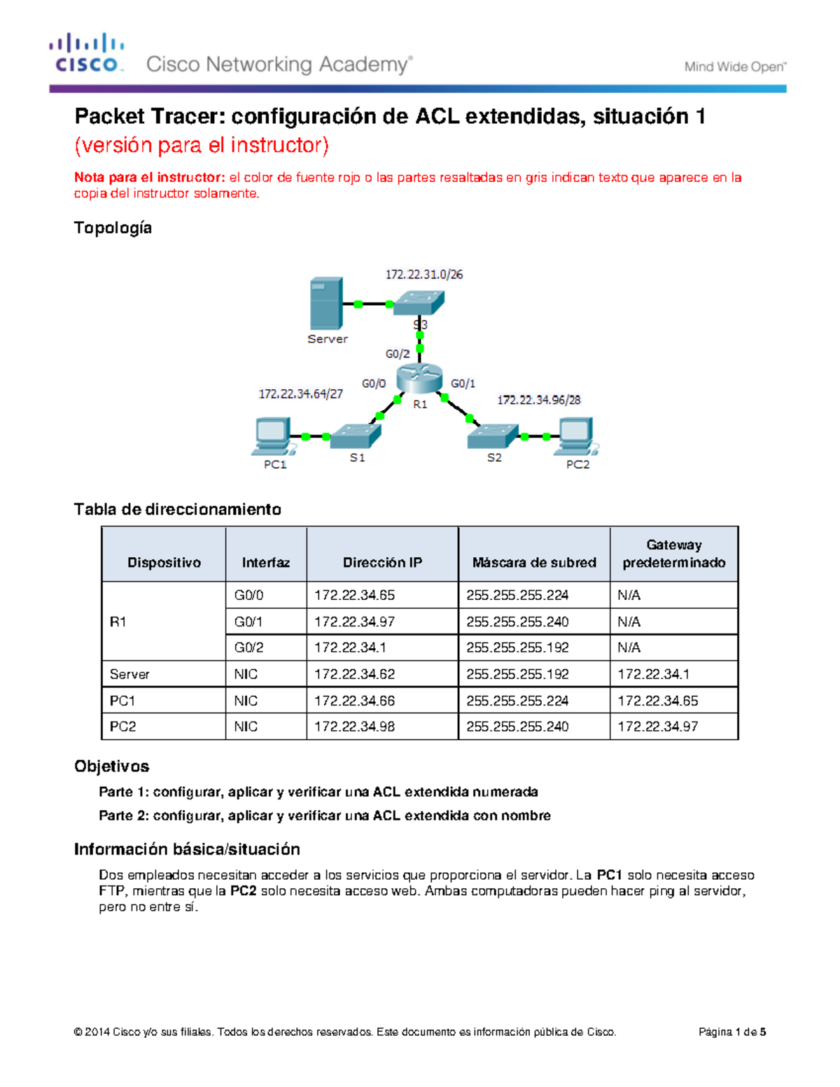 Configuring Extended ACLs Scenario 1 Instructions IG - (versión para el ...