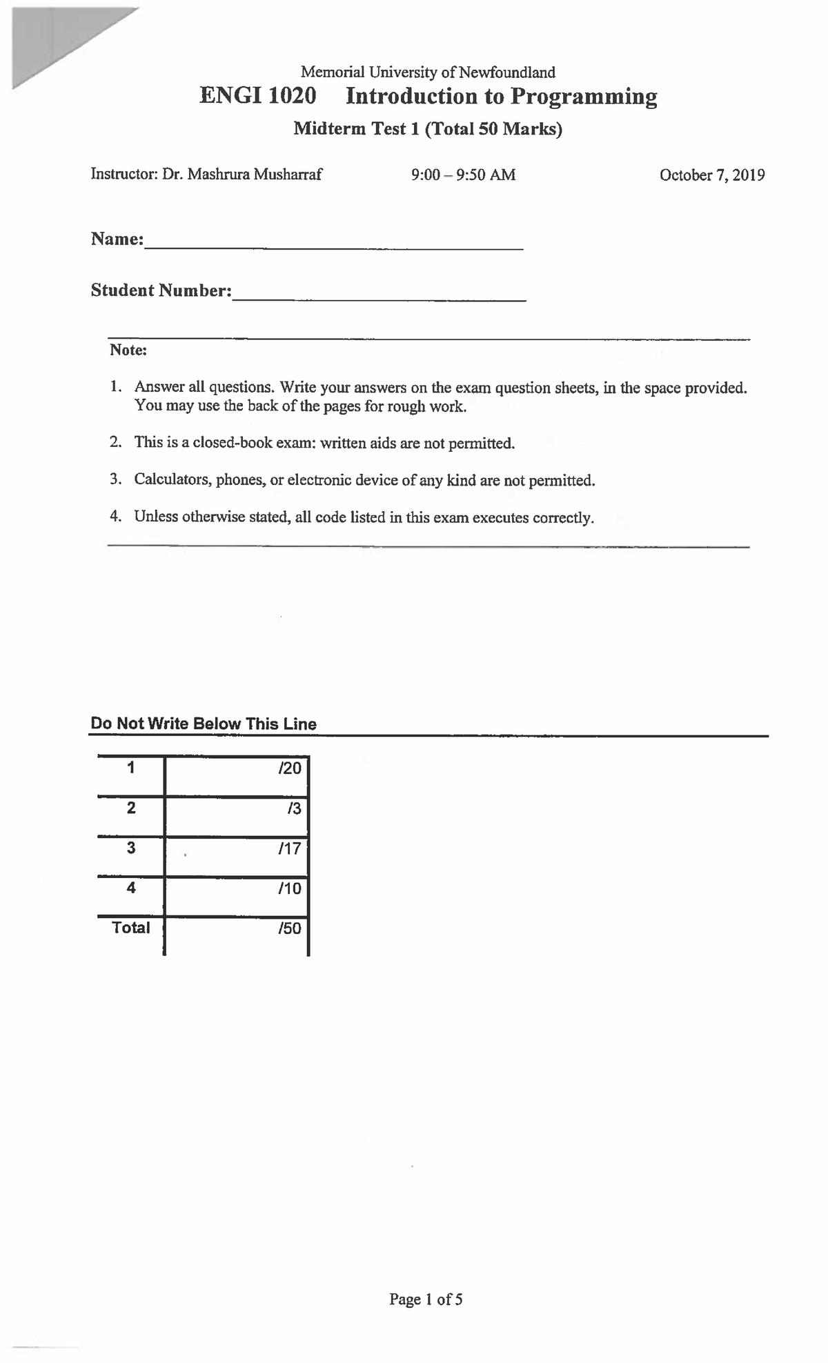 Midterm-2019-fall1 - 2018 Midterm - Engi 1020 - Memorial University - Studocu