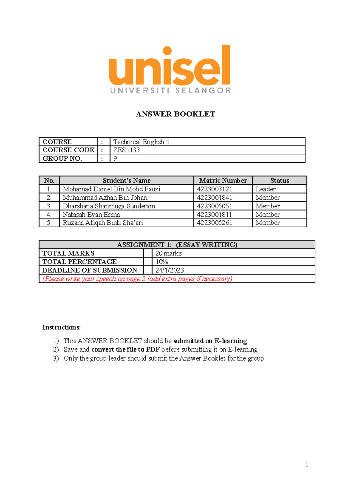 Answer Booklet ( Assignment Submission) - ANSWER BOOKLET COURSE ...