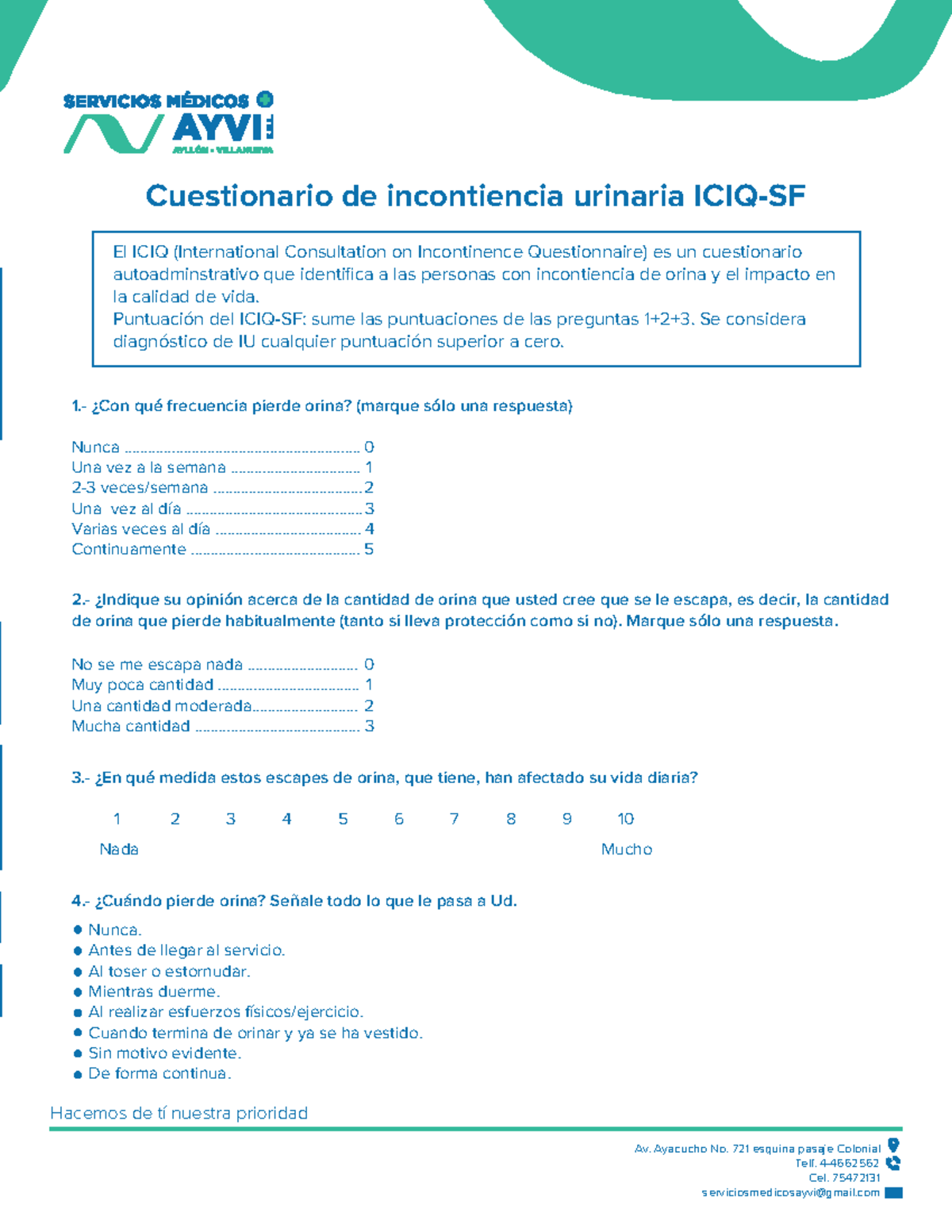 Cuestionario DE Incontiencia Urinaria ICIQ-SF - Hacemos de tí nuestra ...