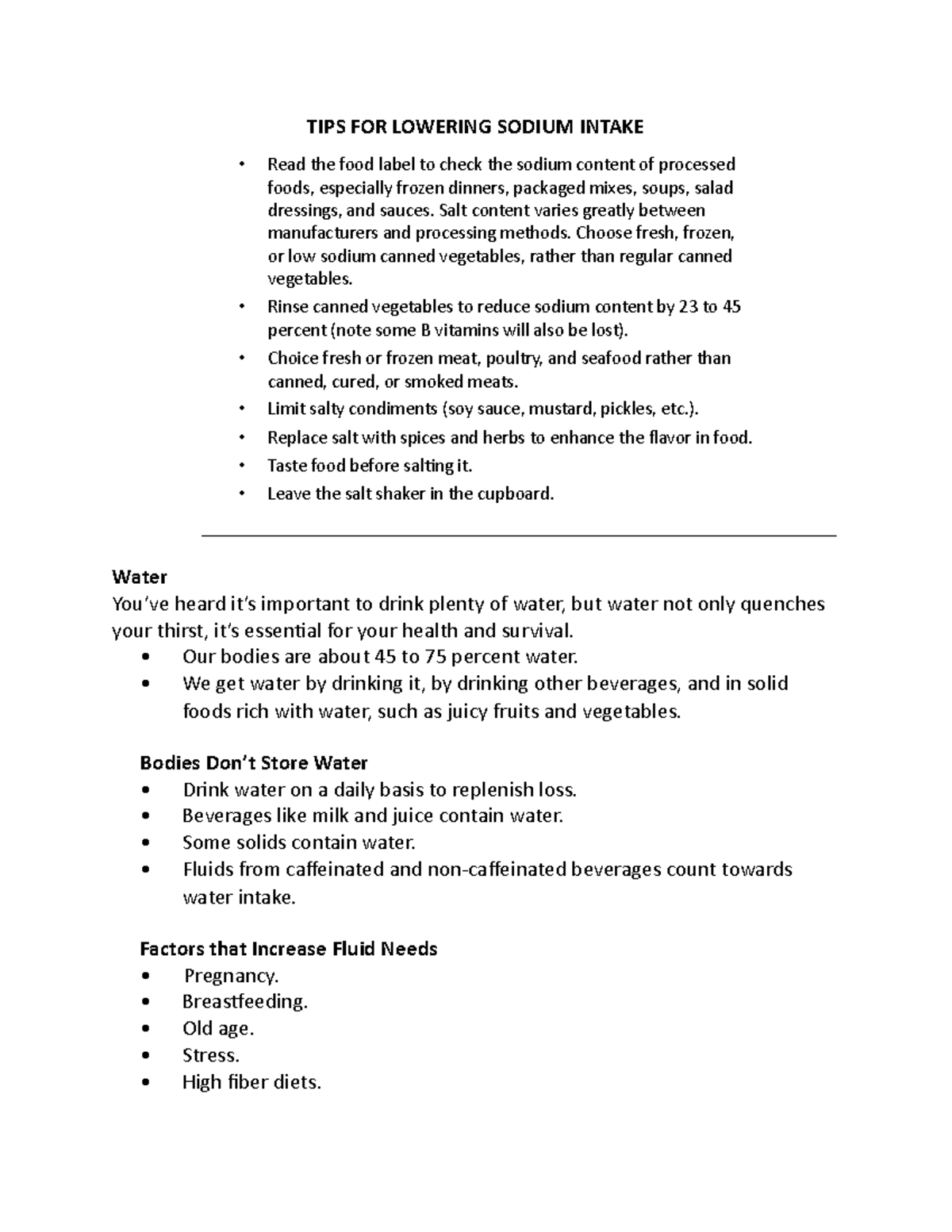 Lecture 9 - TIPS FOR LOWERING SODIUM INTAKE Read the food label to ...
