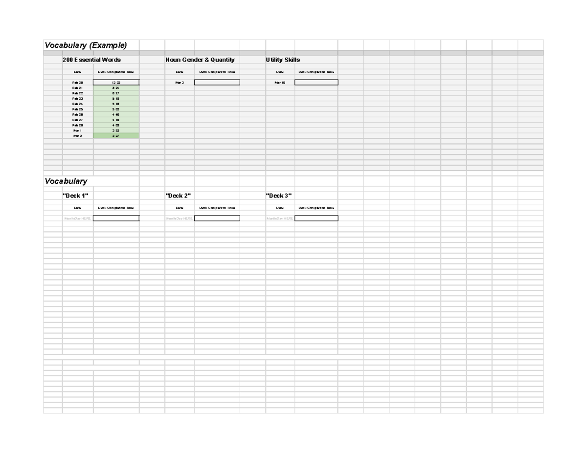 R Vocabulary Progress Tracking - Sheet 1 - Vocabulary (Example) 200 ...