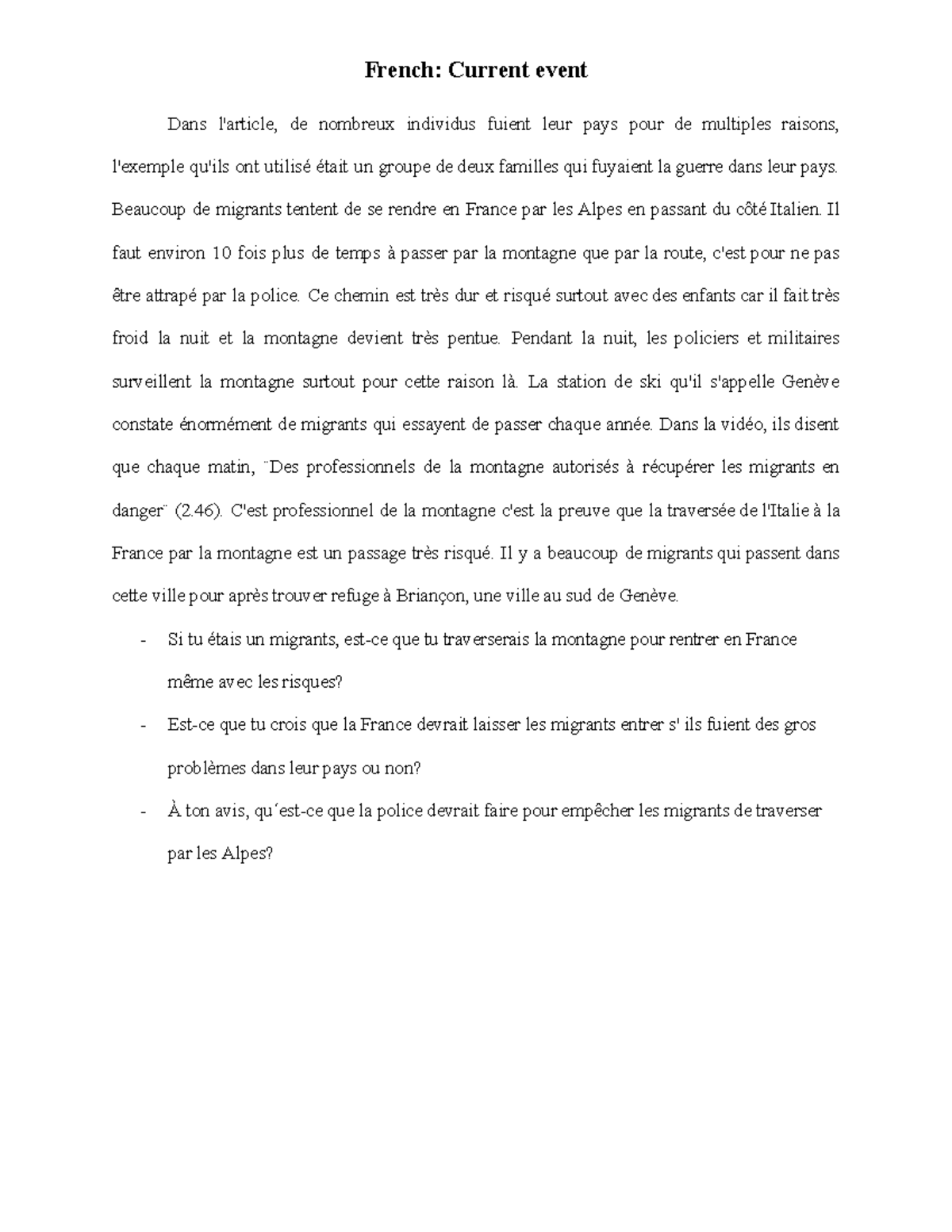 French Current event - Assignment - French: Current event Dans l ...