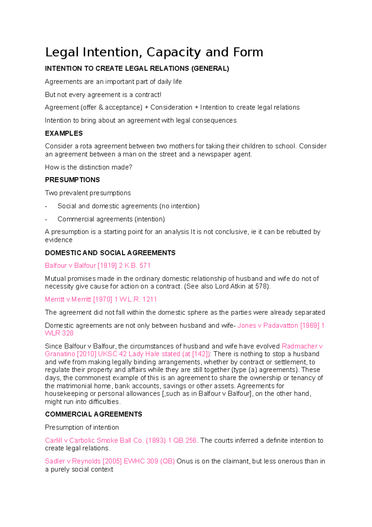 Legal Intention, Capacity and Form Lecture 5 - Legal Intention ...