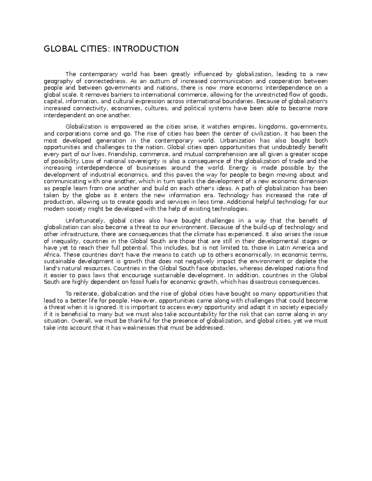 Global Cities - Freshmen Activity - GLOBAL CITIES: INTRODUCTION The ...