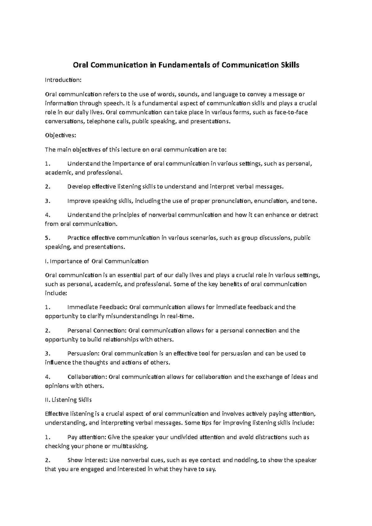 Oral Communication In Fundamentals Of Communication Skills Oral