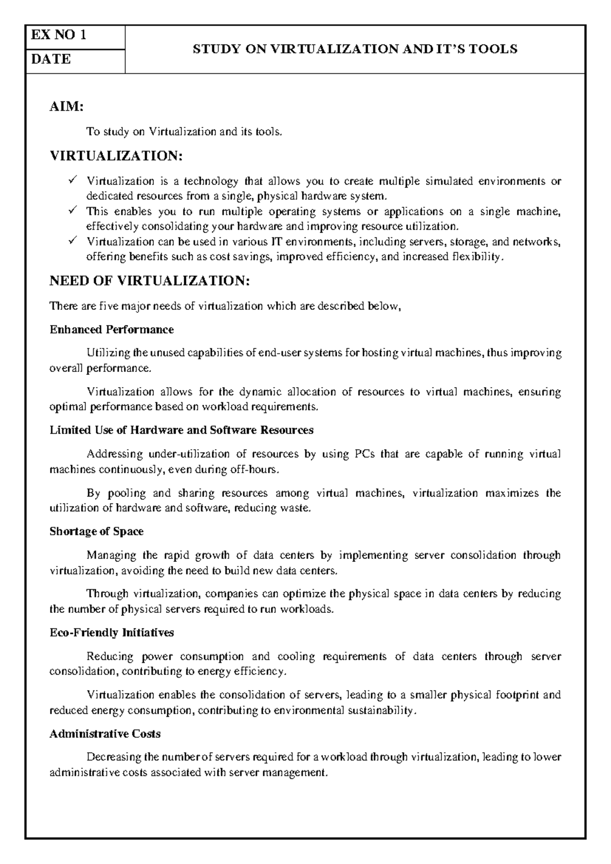 Exno1 vir-1 - AIM: To study on Virtualization and its tools ...