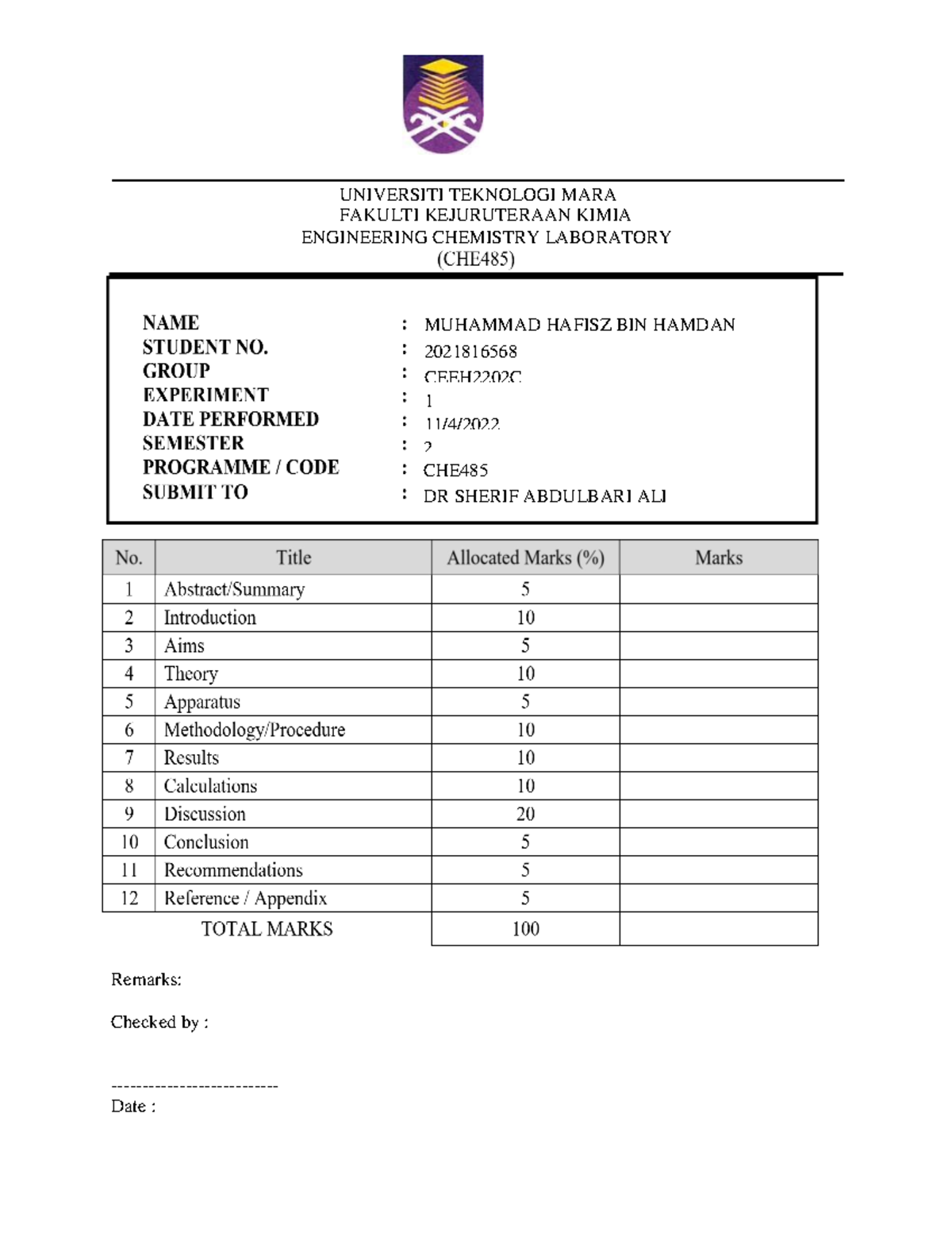 LAB REPORT EXPERIMENT 1 - FAKULTI KEJURUTERAAN KIMIA ENGINEERING ...