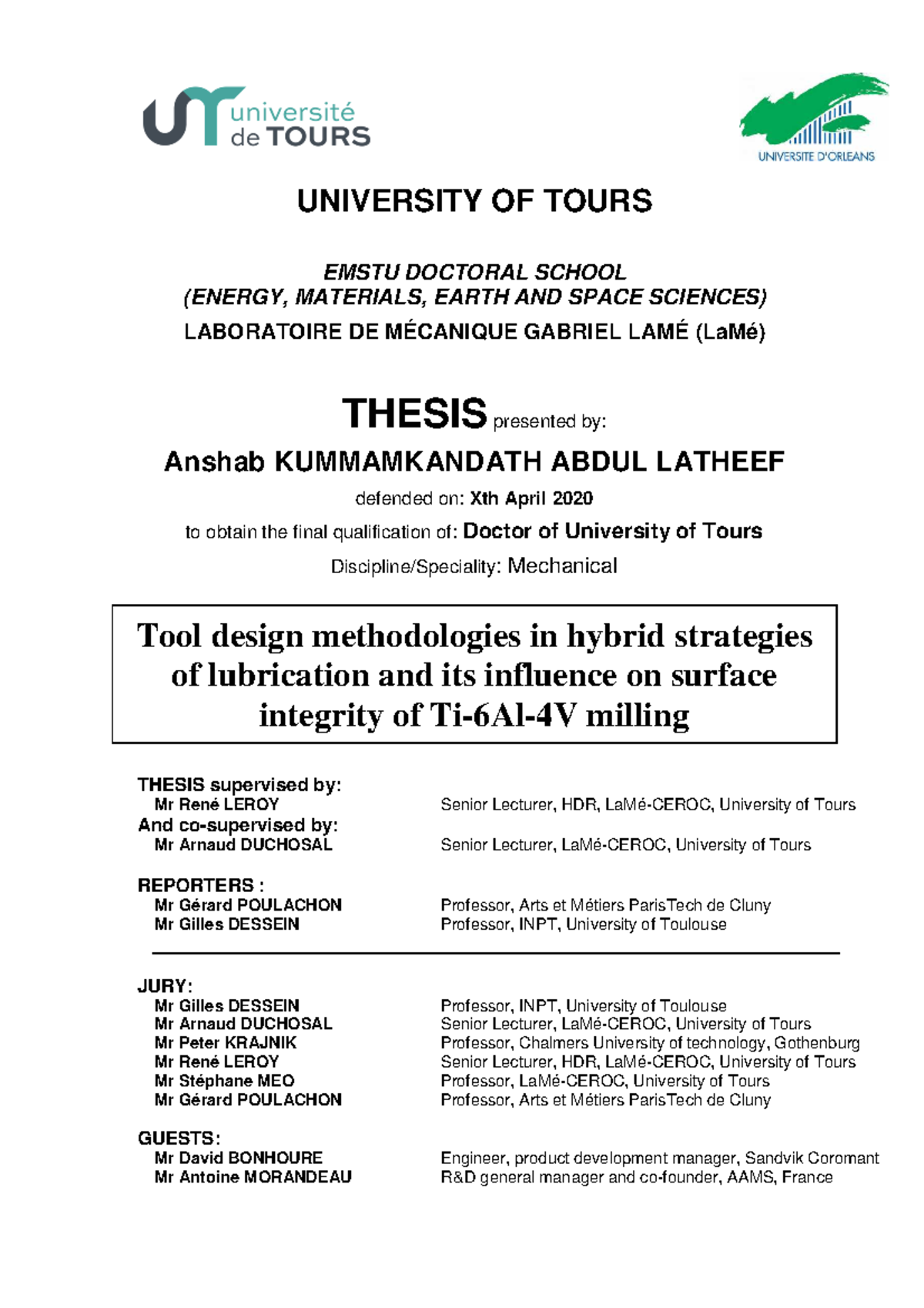 Anshab Abdul Latheef thèse - UNIVERSITY OF TOURS EMSTU DOCTORAL SCHOOL ...
