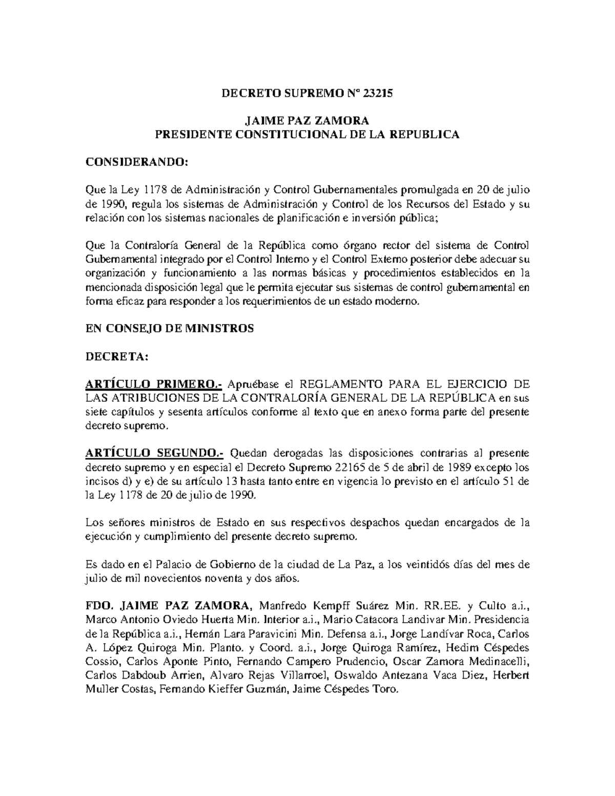 Decreto Supremo N 23215 - DECRETO SUPREMO Nº 23215 JAIME PAZ ZAMORA ...