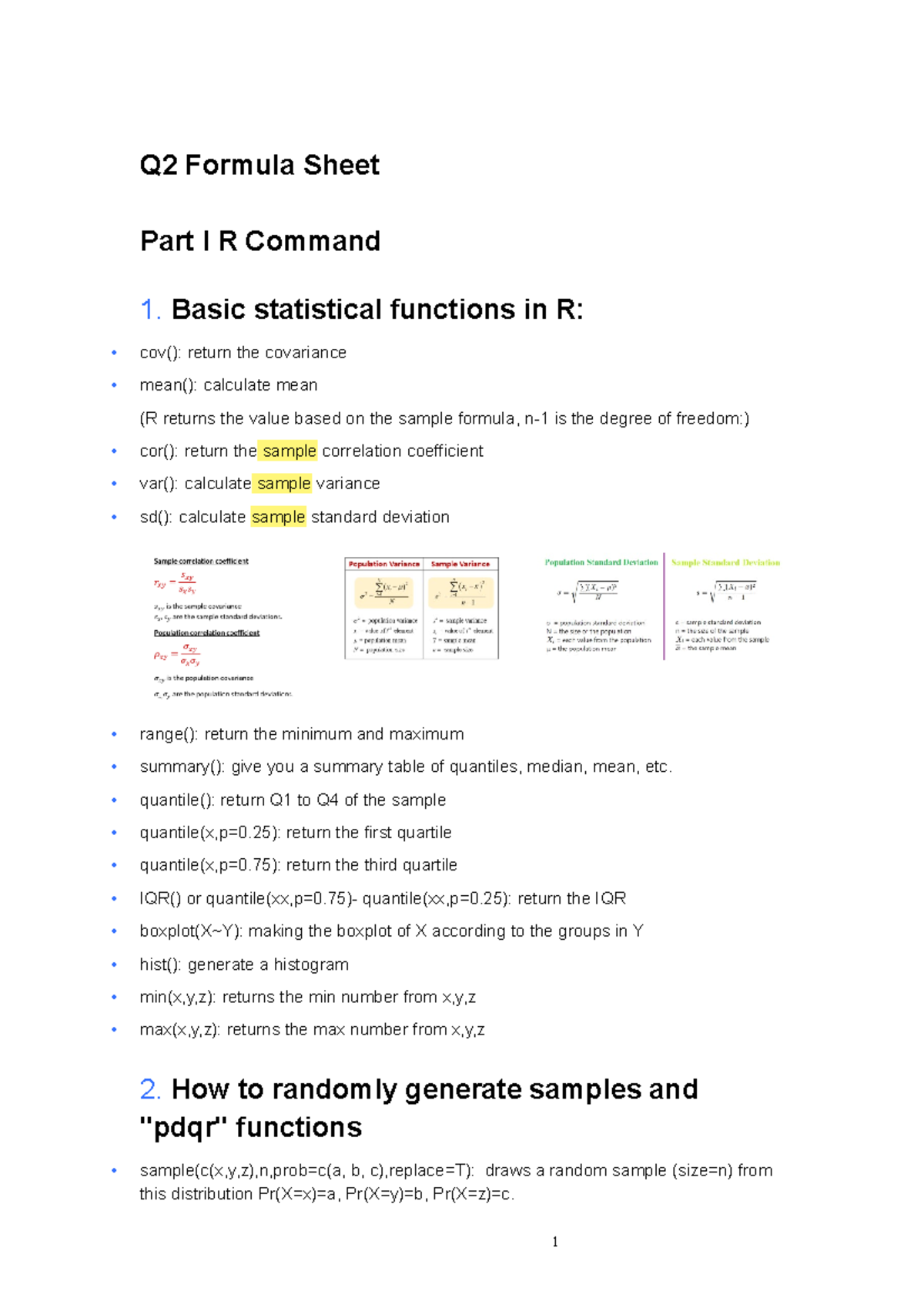 Q2 Summary - Yhu - Q2 Formula Sheet Part I R Command 1. Basic statistical functions in R: • cov ...