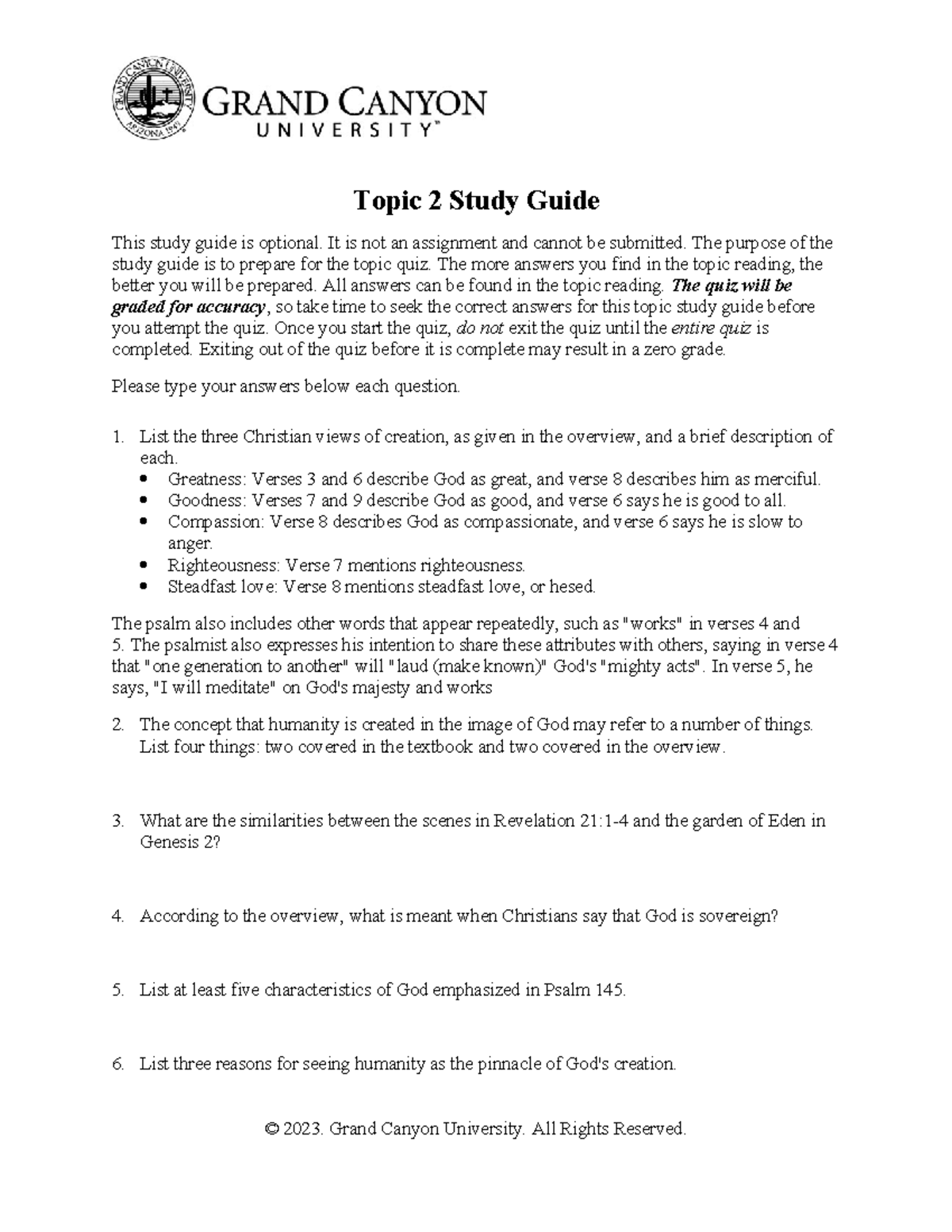 Christian Worldview CWV 101 301 RS Topic 2 Study Guide Online (God ...