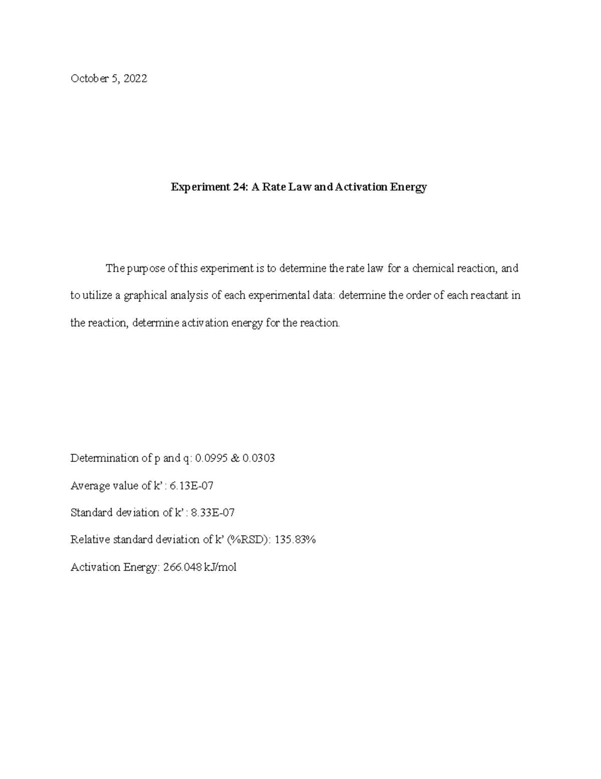 Exp. 24 Lab Report - October 5, 2022 Experiment 24: A Rate Law and ...