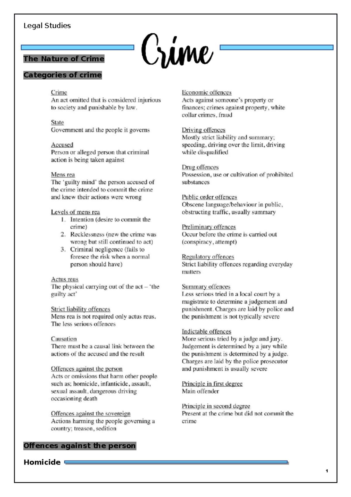 Legal notes - Legal Studies The Nature of Crime Categories of crime ...