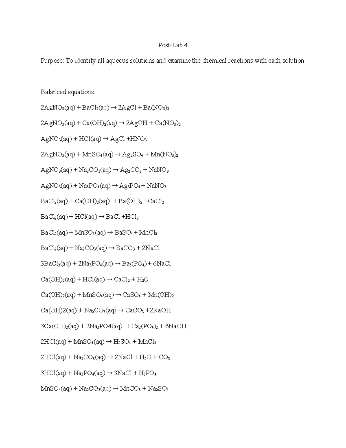 Post-Lab 4 - It is a lab on figuring out what solution is what - Post-Lab 4 Purpose: To identify ...