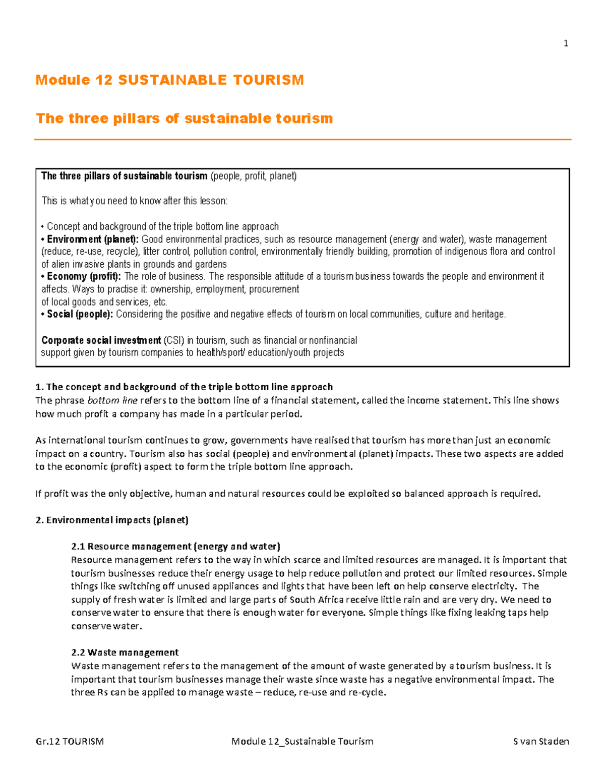 Module 12 Sustainable Tourism - Module 12 SUSTAINABLE TOURISM The three ...