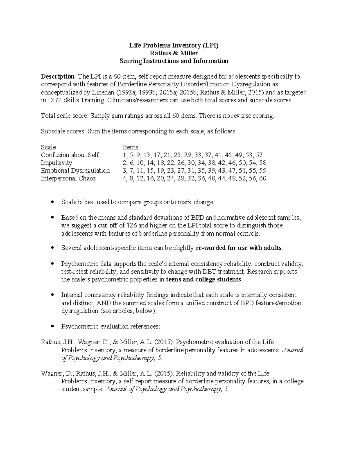 LPI+Scale - Life Problems Inventory (LPI) Rathus & Miller Scoring ...