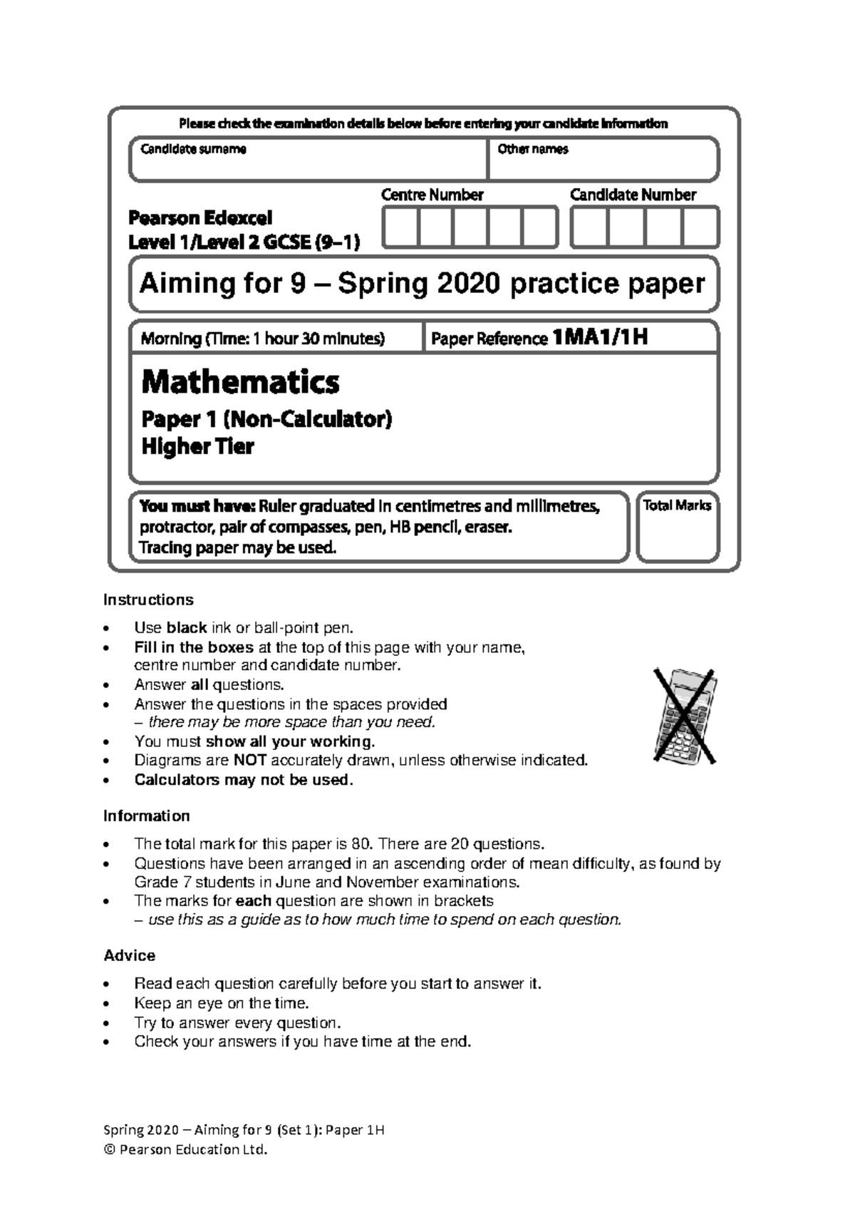 01 1MA1 1H - Aiming for 9 Spring 2020 (Set 1) - ####### Spring 20 20 ...