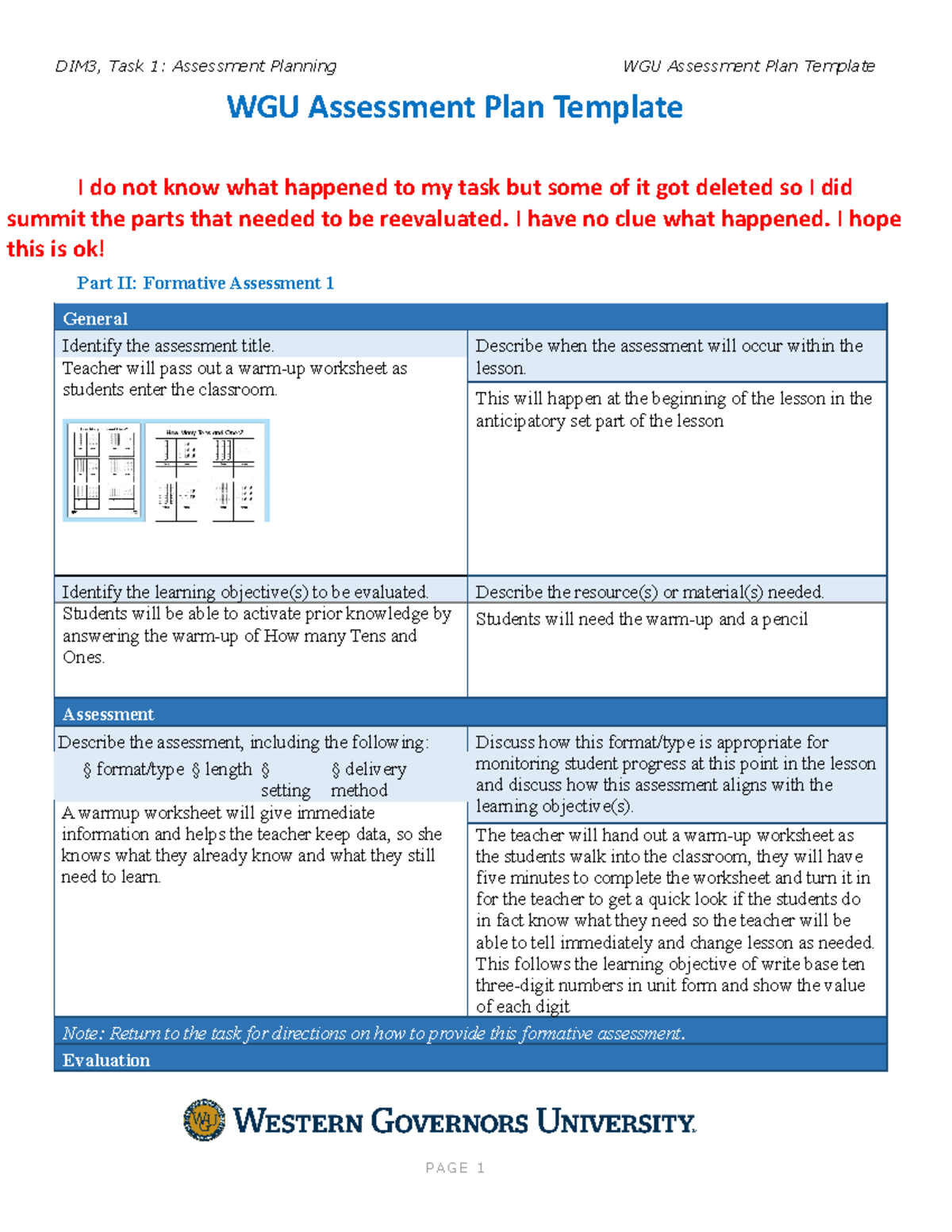 Task 1 Assessment Plan Template (1) revised - DIM3, Task 1: Assessment ...