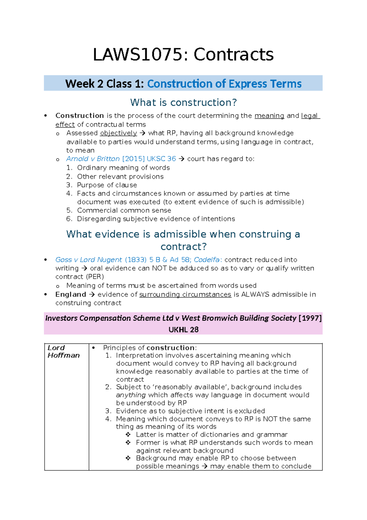 Contracts Class 2a Notes Laws1075 Contracts Week 2 Class 1 Construction Of Express Terms