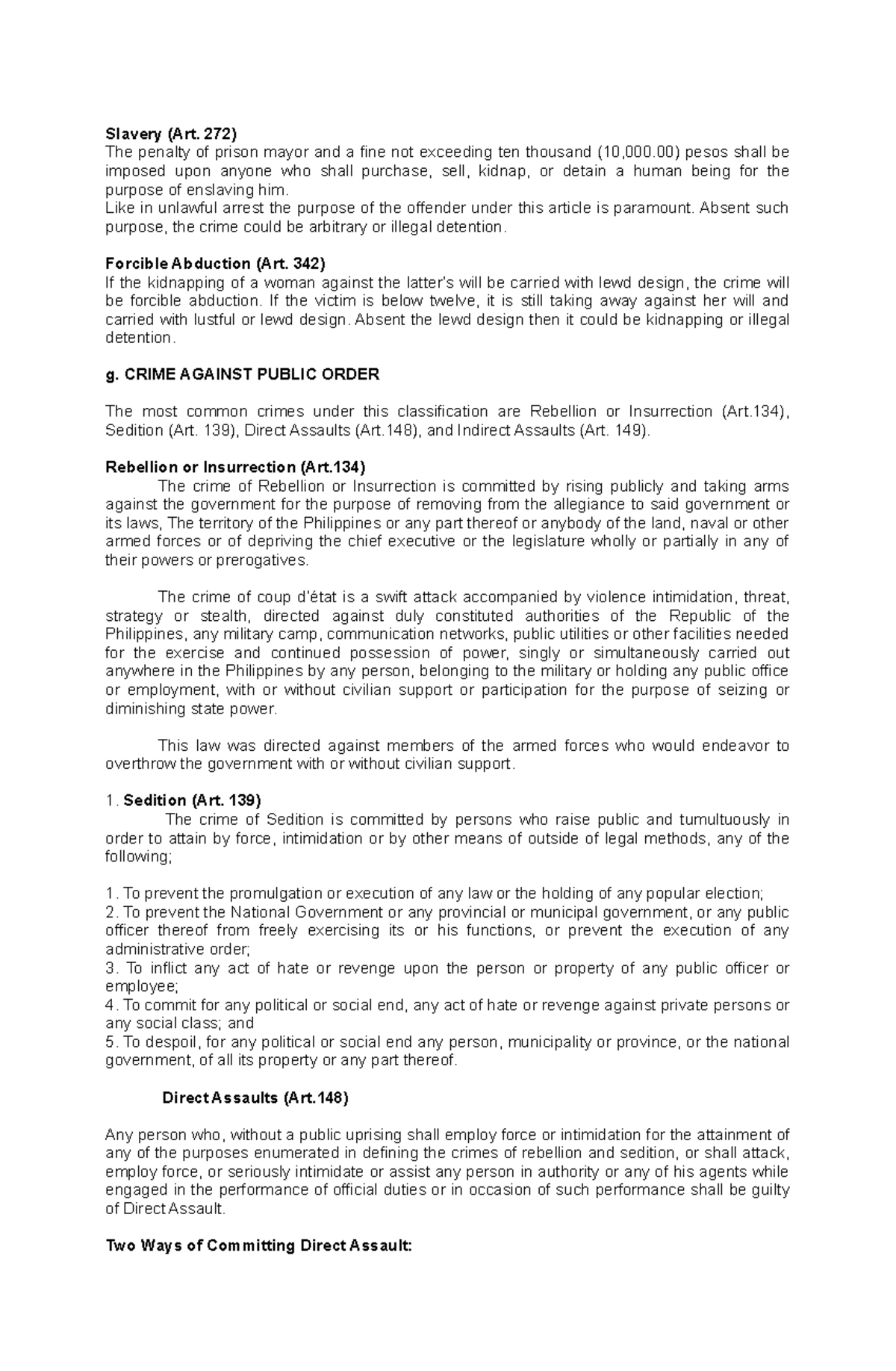 Law Related Studies - Slavery (Art. 272) The penalty of prison mayor ...