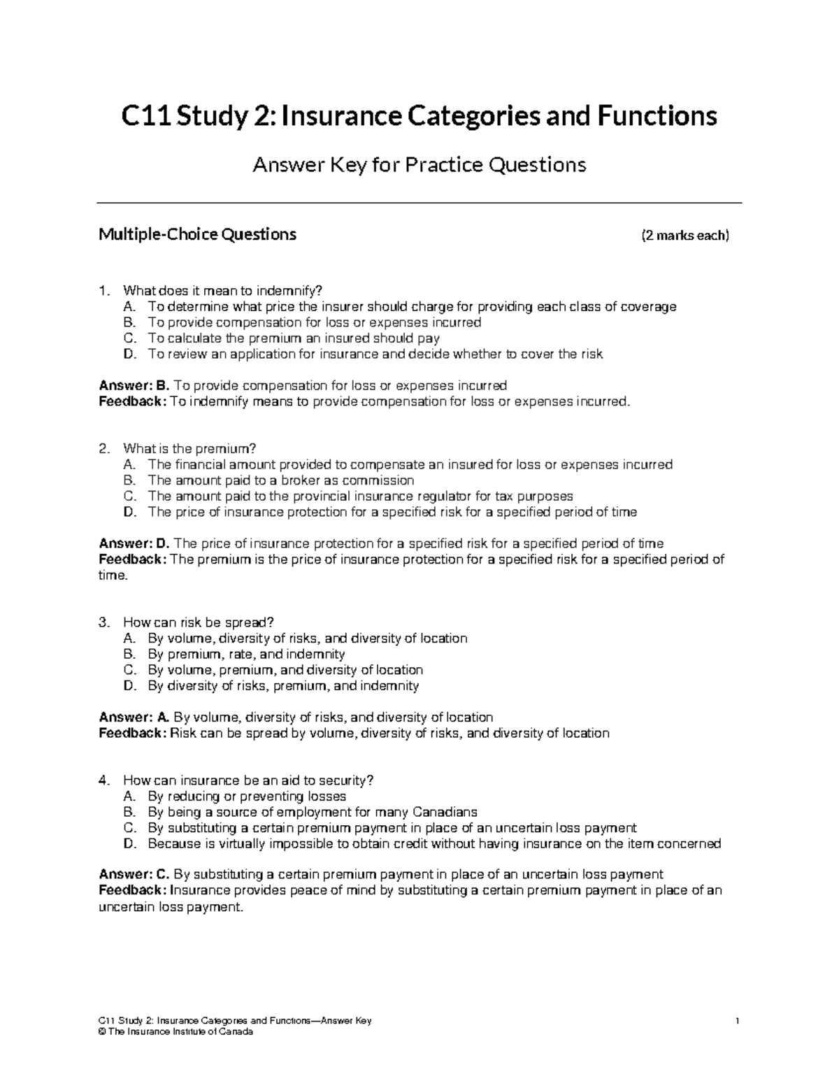 C11 Study 2 Written and Multiple Choice Questions w/ Answer Key - C11 Study 2: Insurance ...
