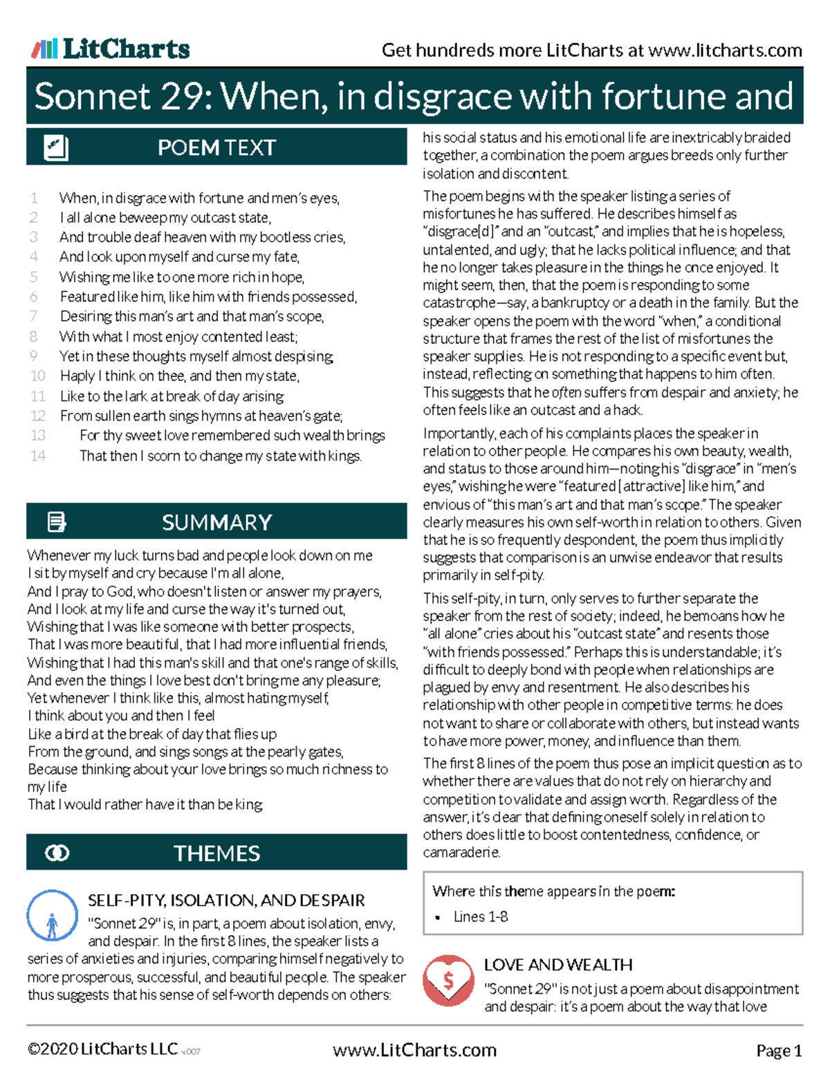 Sonnet 29 by william shakespeare - Sonnet 29: When, in disgrace with ...