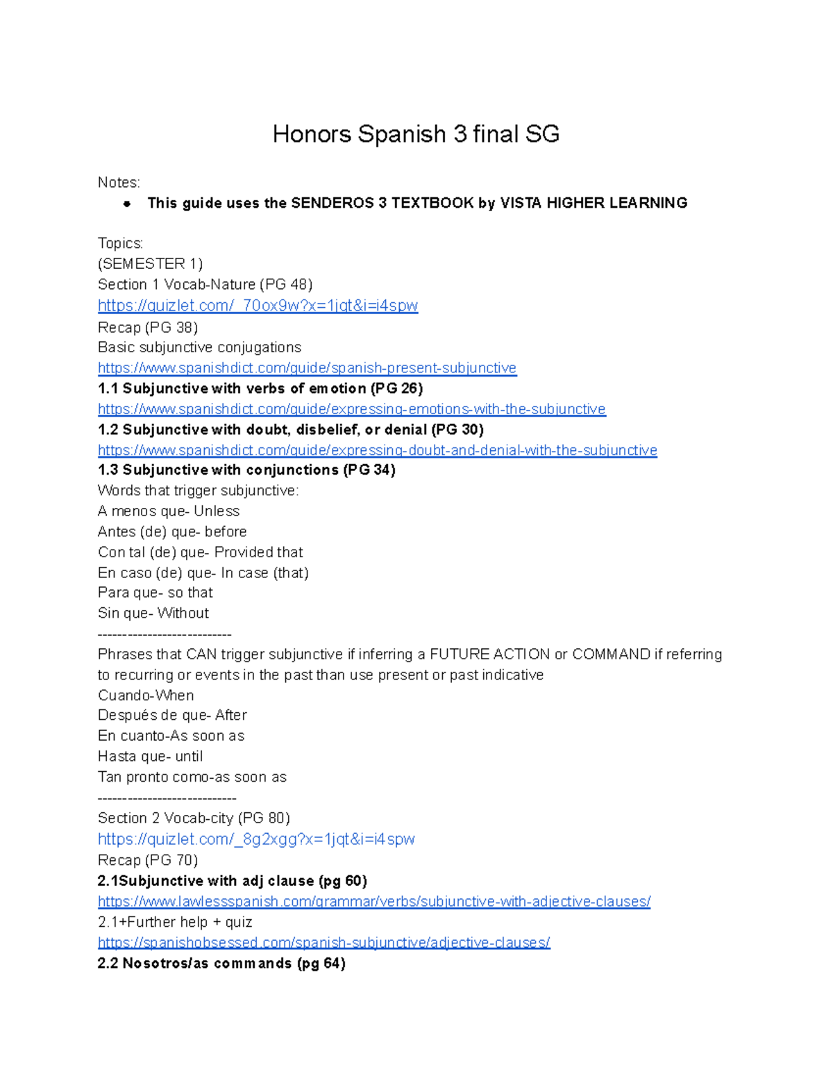 Spanish 3 Honors Study Guide For Full Semester Honors Spanish 3 Final 