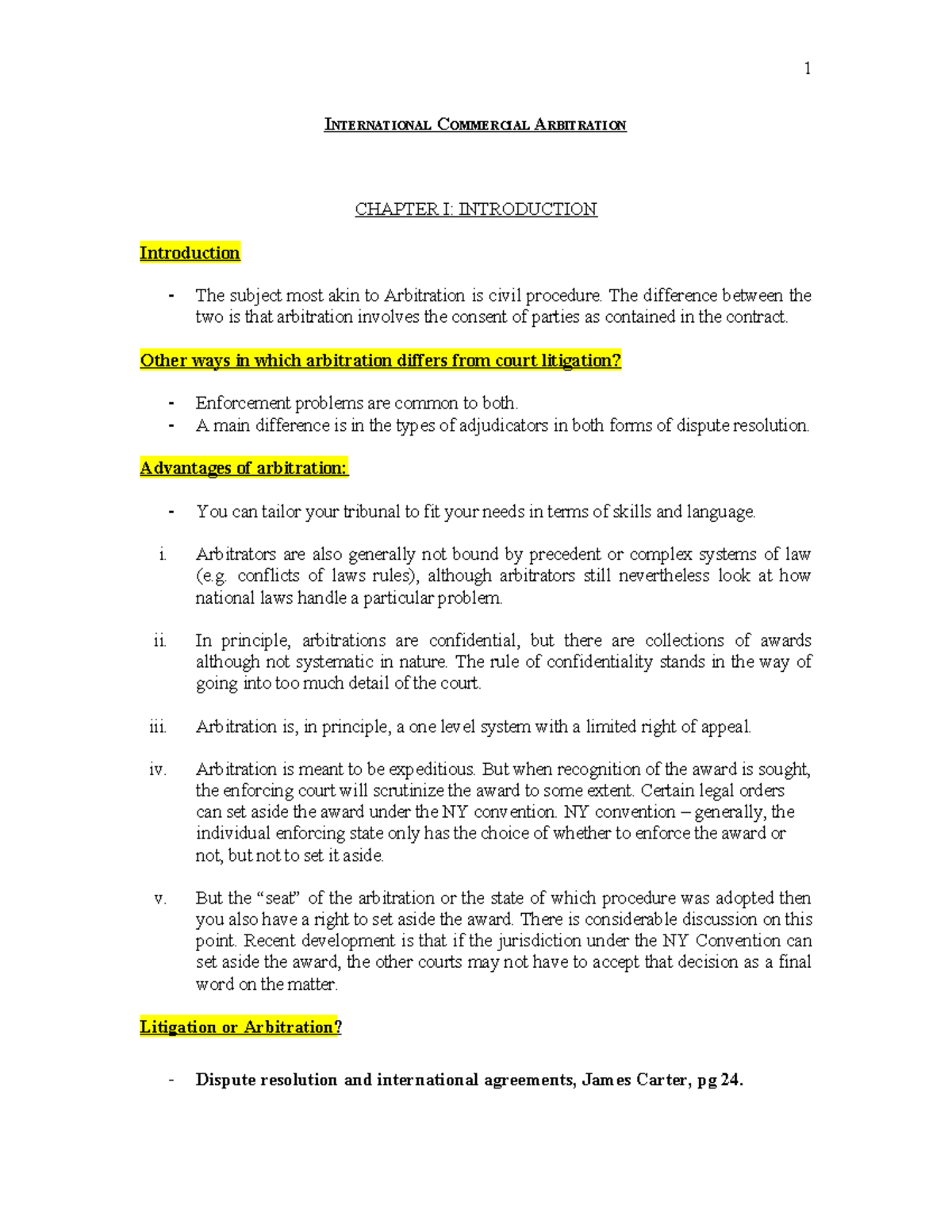 102472641 International Commercial Arbitration Outline - I NTERNATIONAL ...