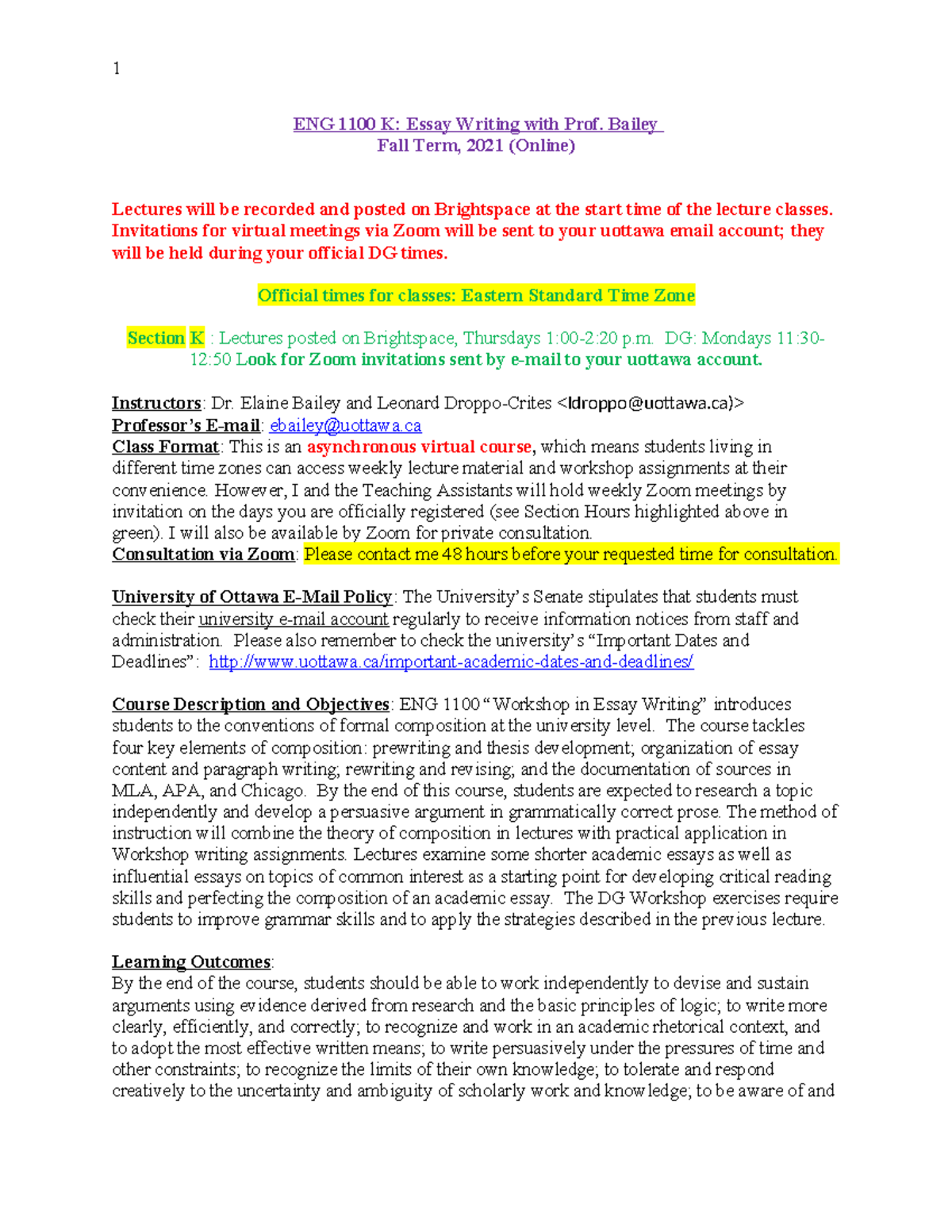 ENG 1100 syllabus - ENG 1100 K: Essay Writing with Prof. Bailey Fall ...