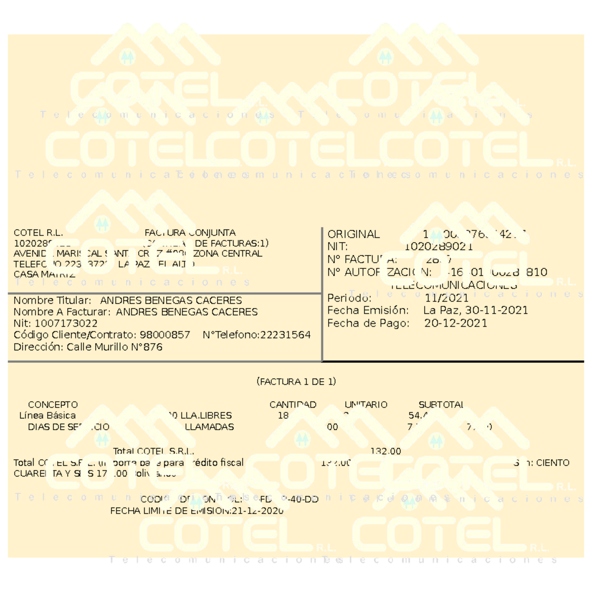 Cotel Formato - COTEL R. FACTURA CONJUNTA 1020289021 (CANTIDAD DE ...