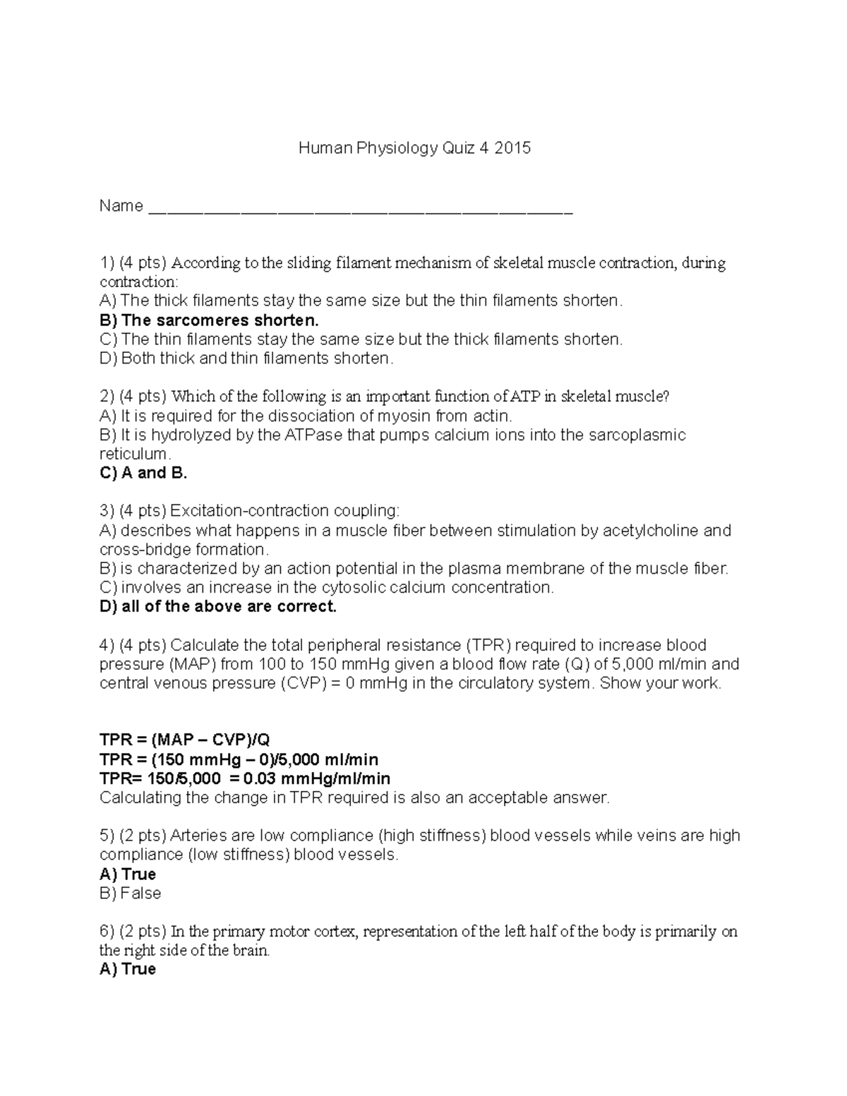 Quiz 4 2015 key - back exam for studying - Human Physiology Quiz 4 2015 ...