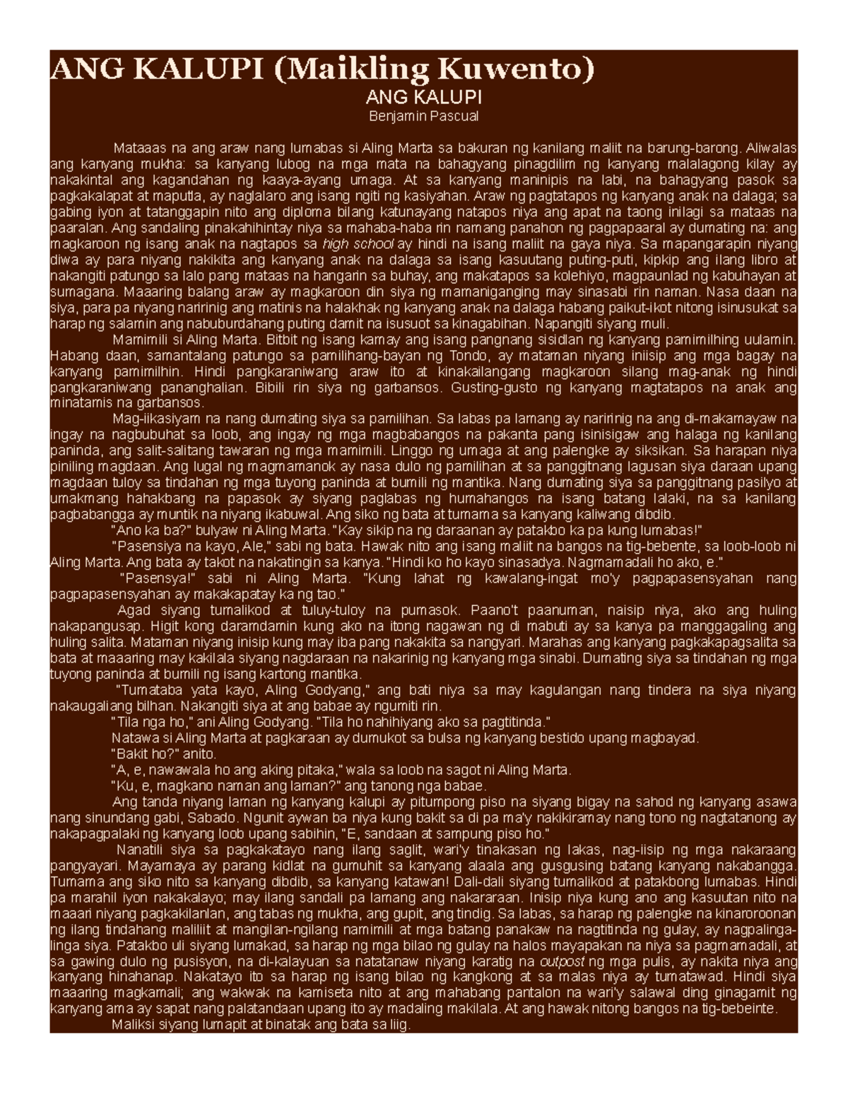 ANG- Kalupi - Summary and sociological approach - ANG KALUPI (Maikling ...