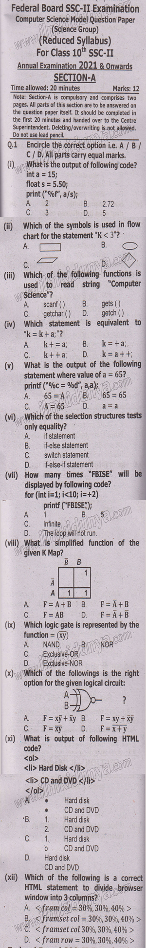 Practical Model Paper of Computer Science HSSC - FBISE WE WORK F OR ...