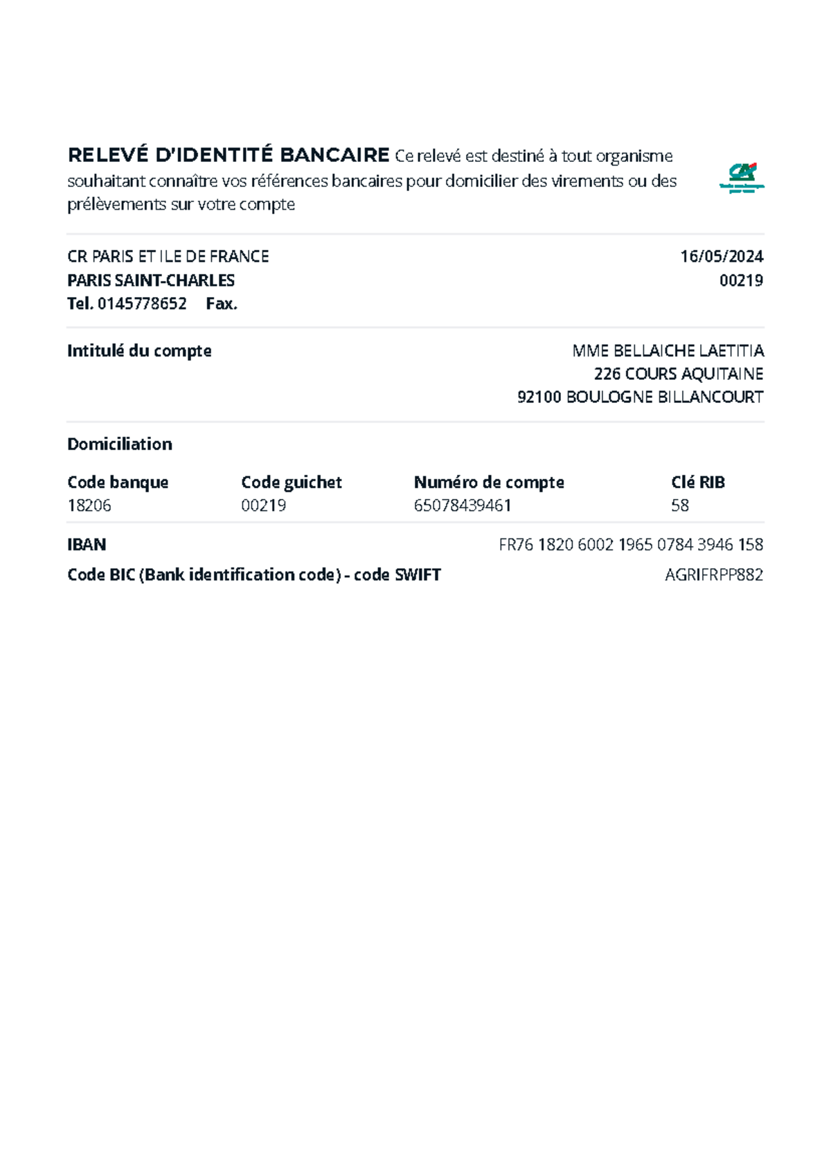 Editer un RIB - Crédit Agricole d'Ile de France - RELEVÉ D'IDENTITÉ ...