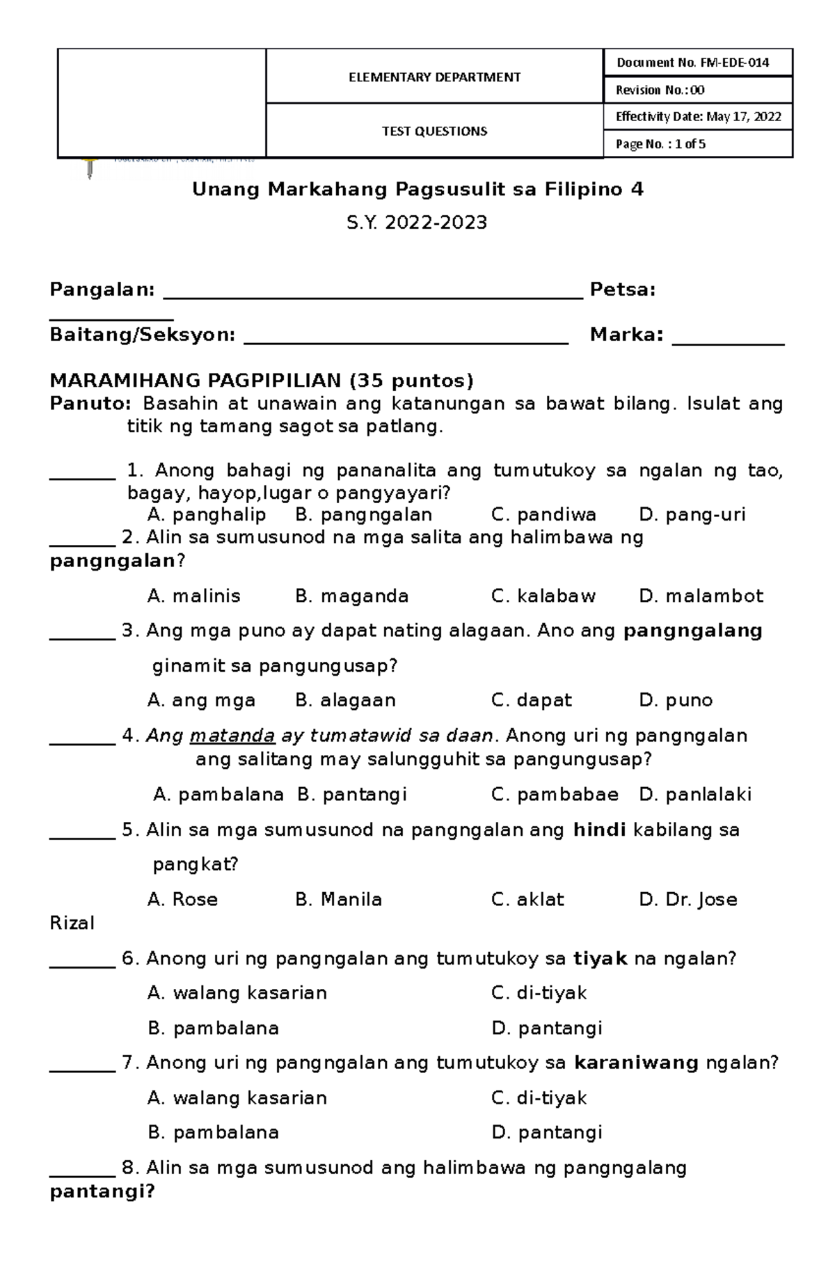 Test-Question- Filipino-4 1st-Grading - ELEMENTARY DEPARTMENT Revision ...