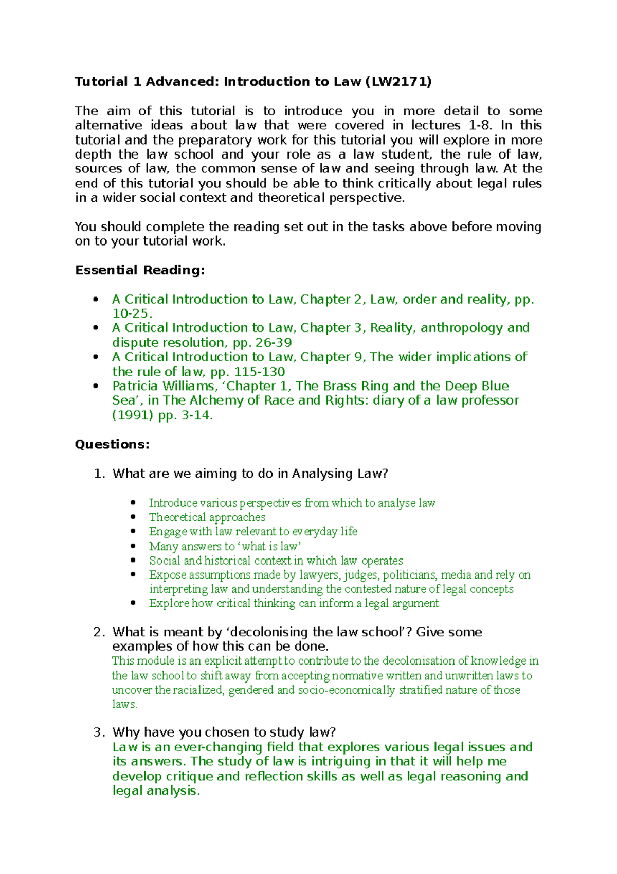 Tutorial 1 Advanced LW2171 - Tutorial 1 Advanced: Introduction to Law ...