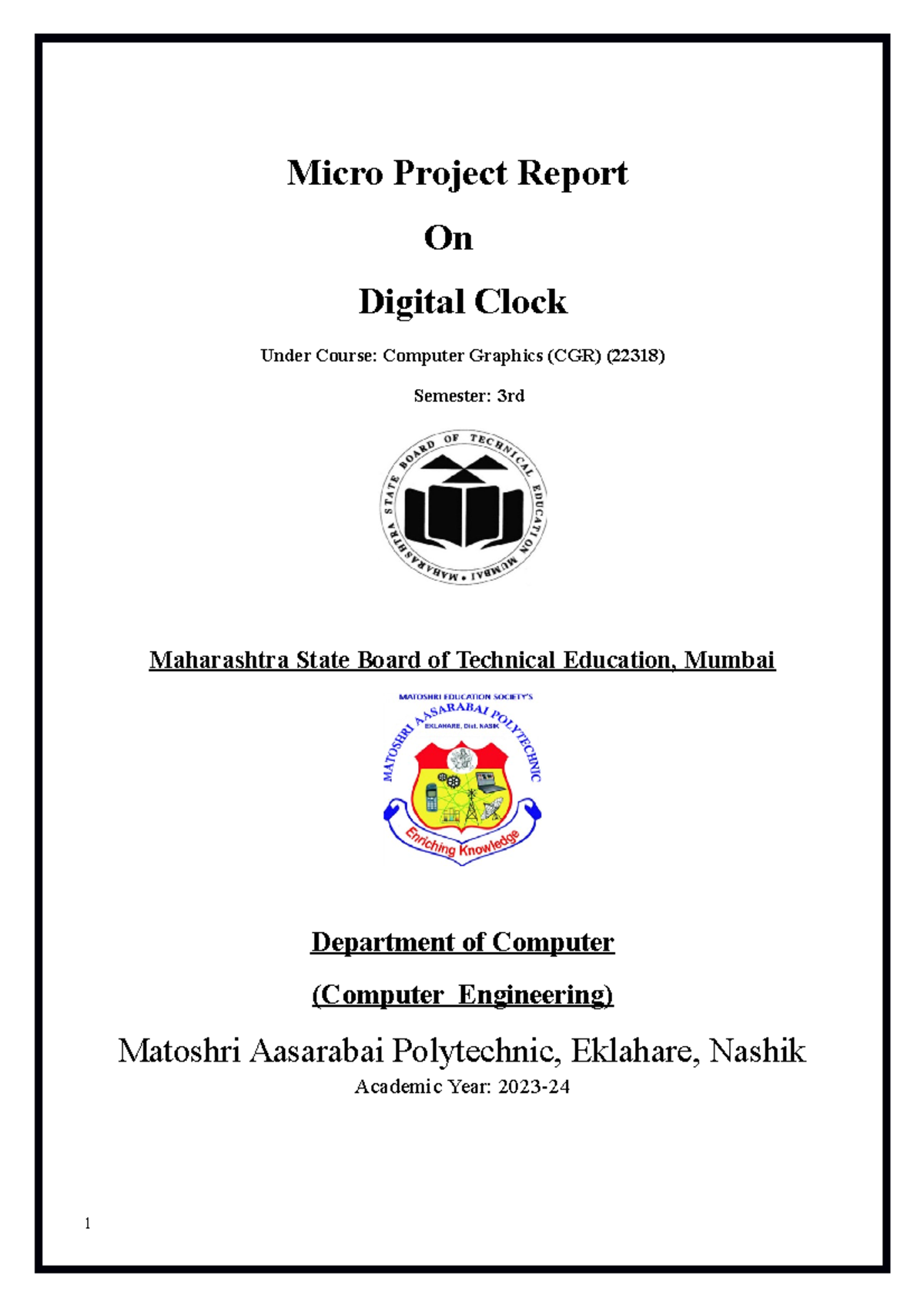 Mmmmmmm 2 - Micro Project Report On Digital Clock Under Course: Computer Graphics (CGR) (22318 ...
