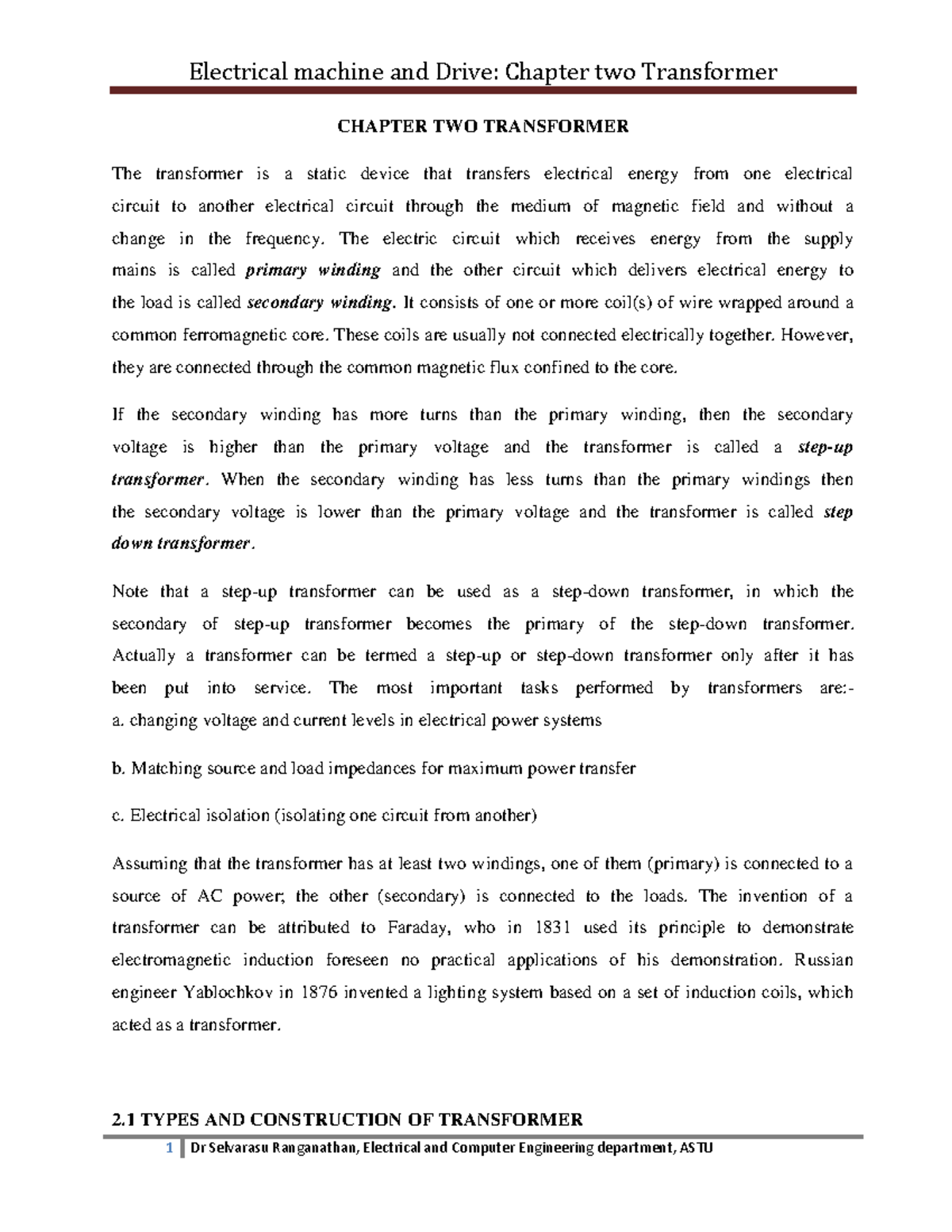 Chap 2 - ece - CHAPTER TWO TRANSFORMER The transformer is a static ...