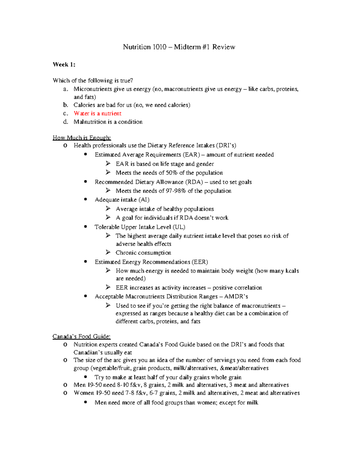 NUTR 1010 Midterm 1 Review - Nutrition 1010 – Midterm #1 Review Week 1 ...