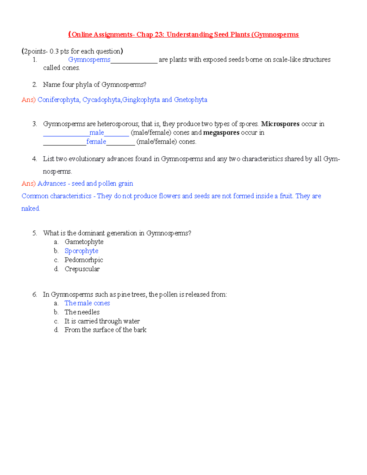 Lab-8- Gymnosperms - Homework assignment. - (Online Assignments- Chap 23: Understanding Seed ...