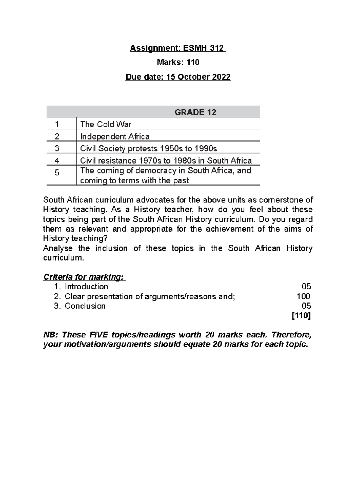 ESMH 312 - Assignment 2 (2022) - Assignment: ESMH 312 Marks: 110 Due ...