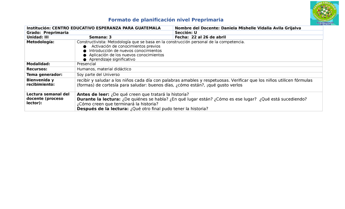 Formato de planificación nivel Preprimaria ejemplo - Formato de planificación nivel Preprimaria ...