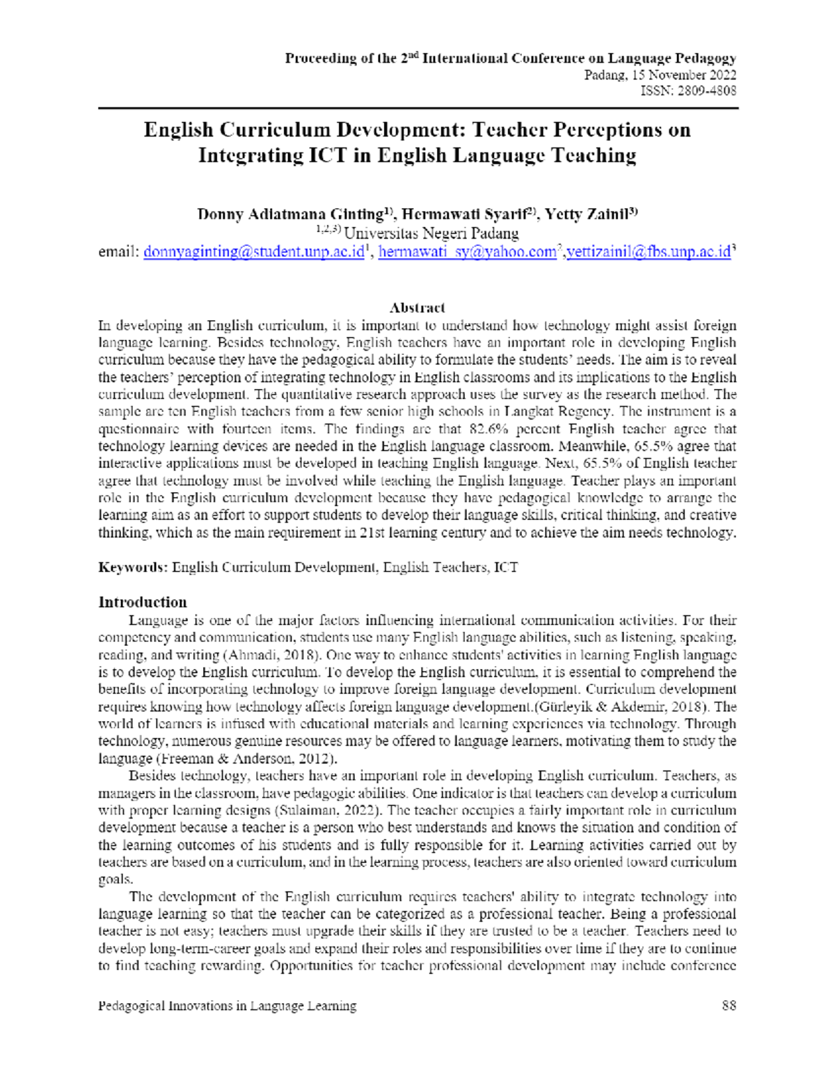 English Curriculum Development Teacher Perceptions on Integrating ICT in English Language ...