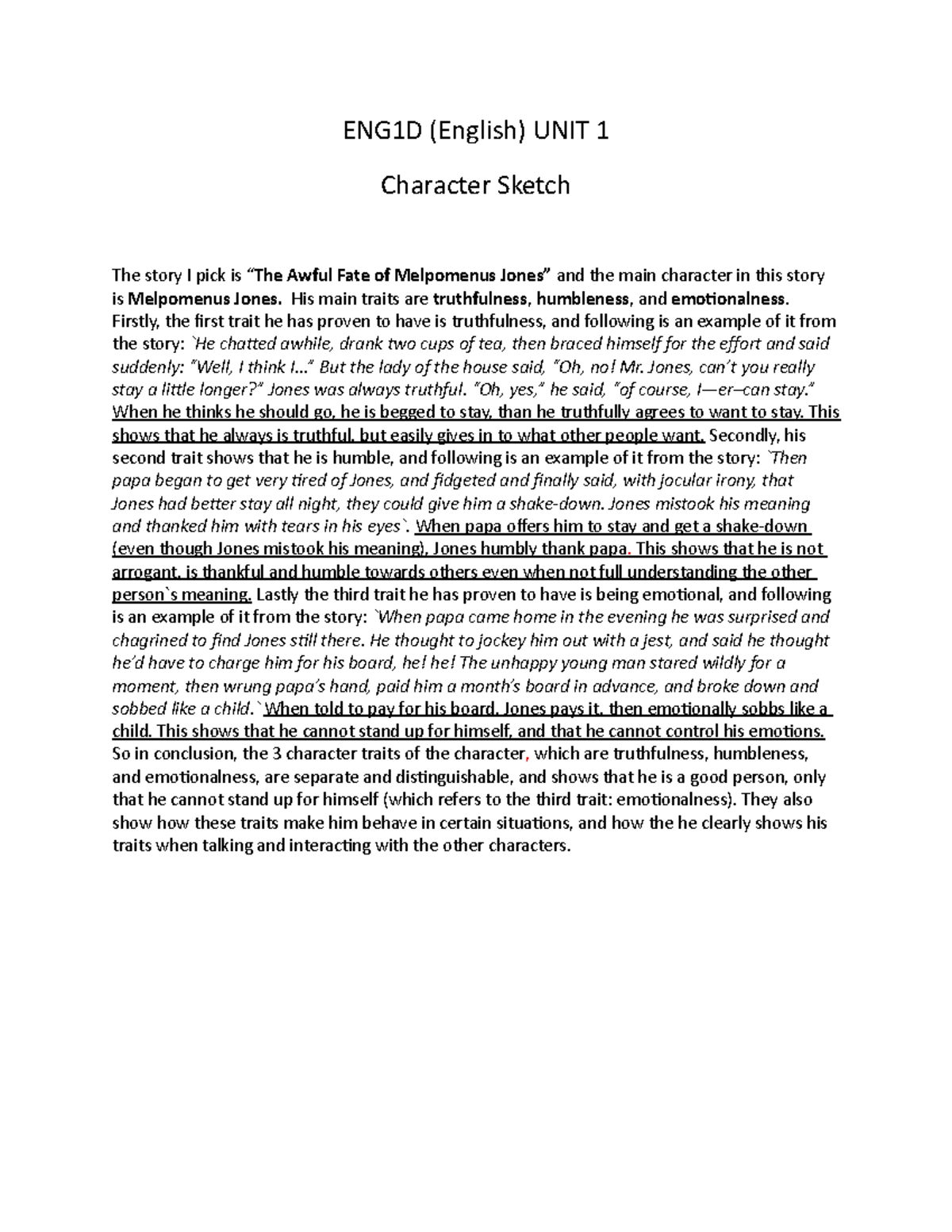 ENG1D - Unit 1 graded assignment - ENG1D (English) UNIT 1 Character ...