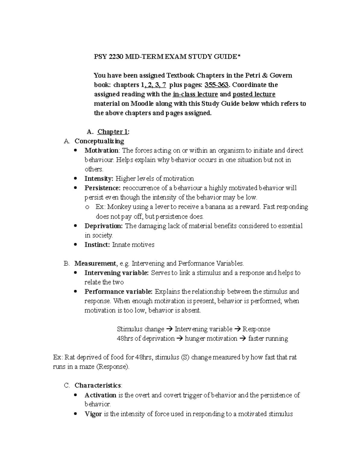 Motivation PSY 2230 MID TERM Study Guide ( Petri 6TH ED) - PSY 2230 MID-TERM EXAM STUDY GUIDE ...